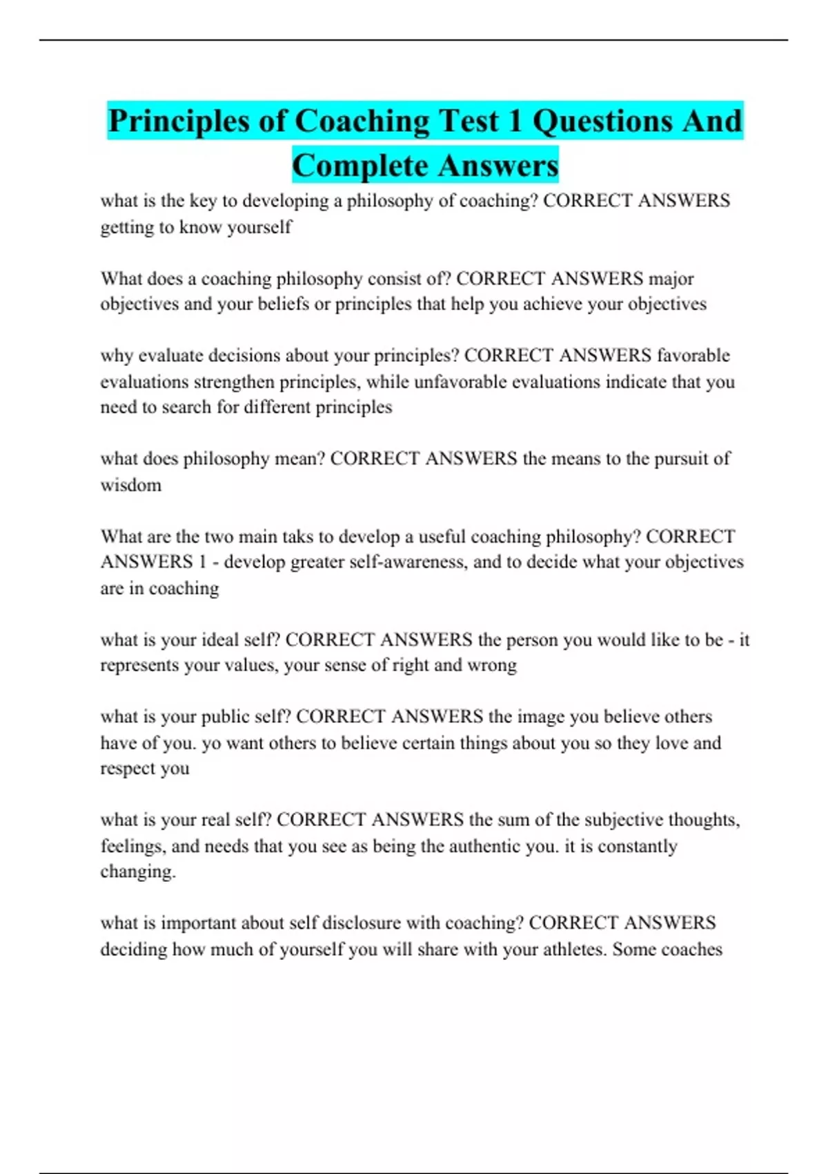 Principles of Coaching Test 1 Questions And Complete Answers - Coaching ...