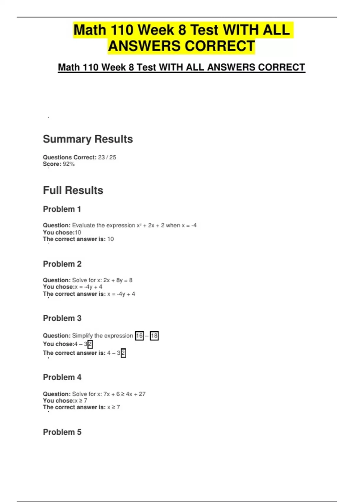 Math 110 Week 8 Test WITH ALL ANSWERS CORRECT Math 110 Week 8 Test WITH ...