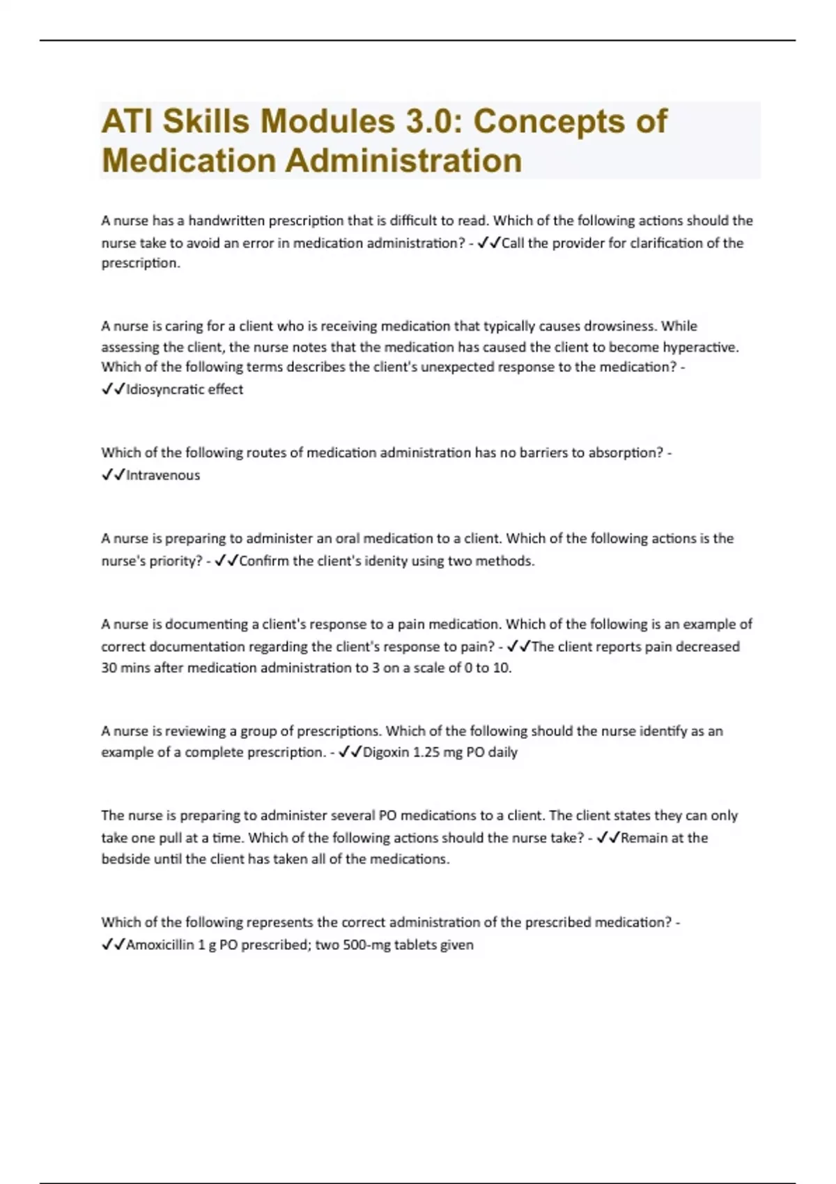 ATI Skills Modules 3.0: Concepts of Medication Administration| Questions and Answers(A+ Solution ...