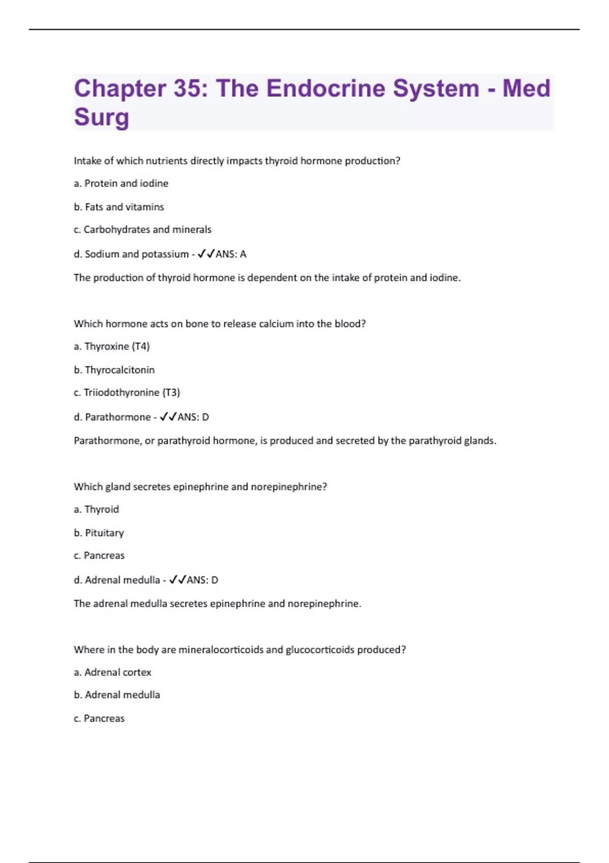 Chapter 35: The Endocrine System - Med Surg Questions and Answers with ...