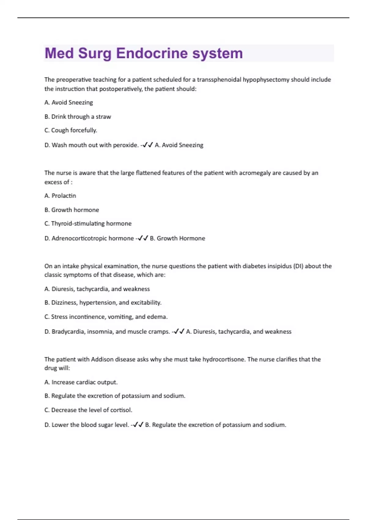 Med Surg Endocrine system| 89 Questions and Answers(A+ Solution guide ...