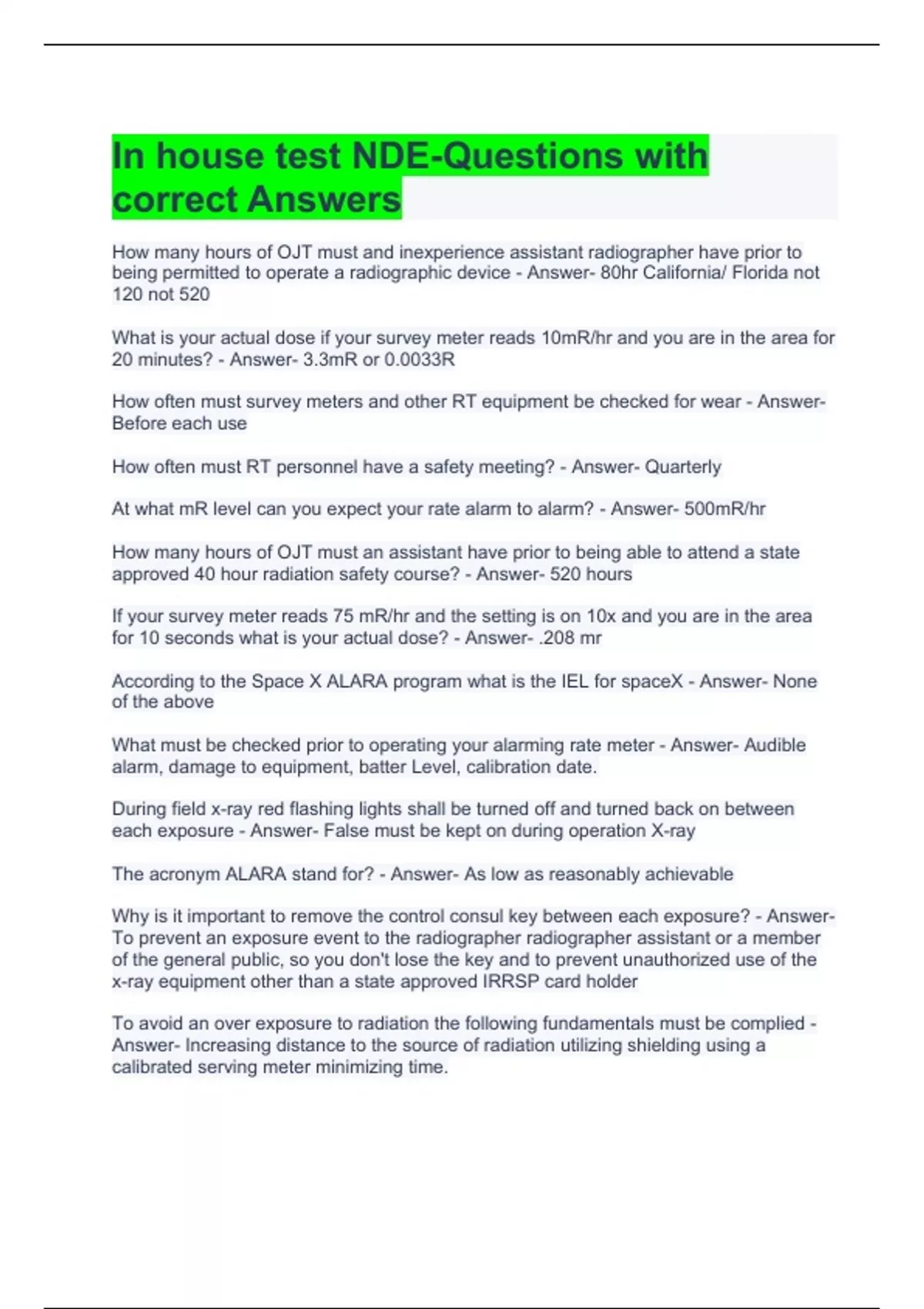 In house test NDE-Questions with correct Answers - In house NDE - Stuvia US