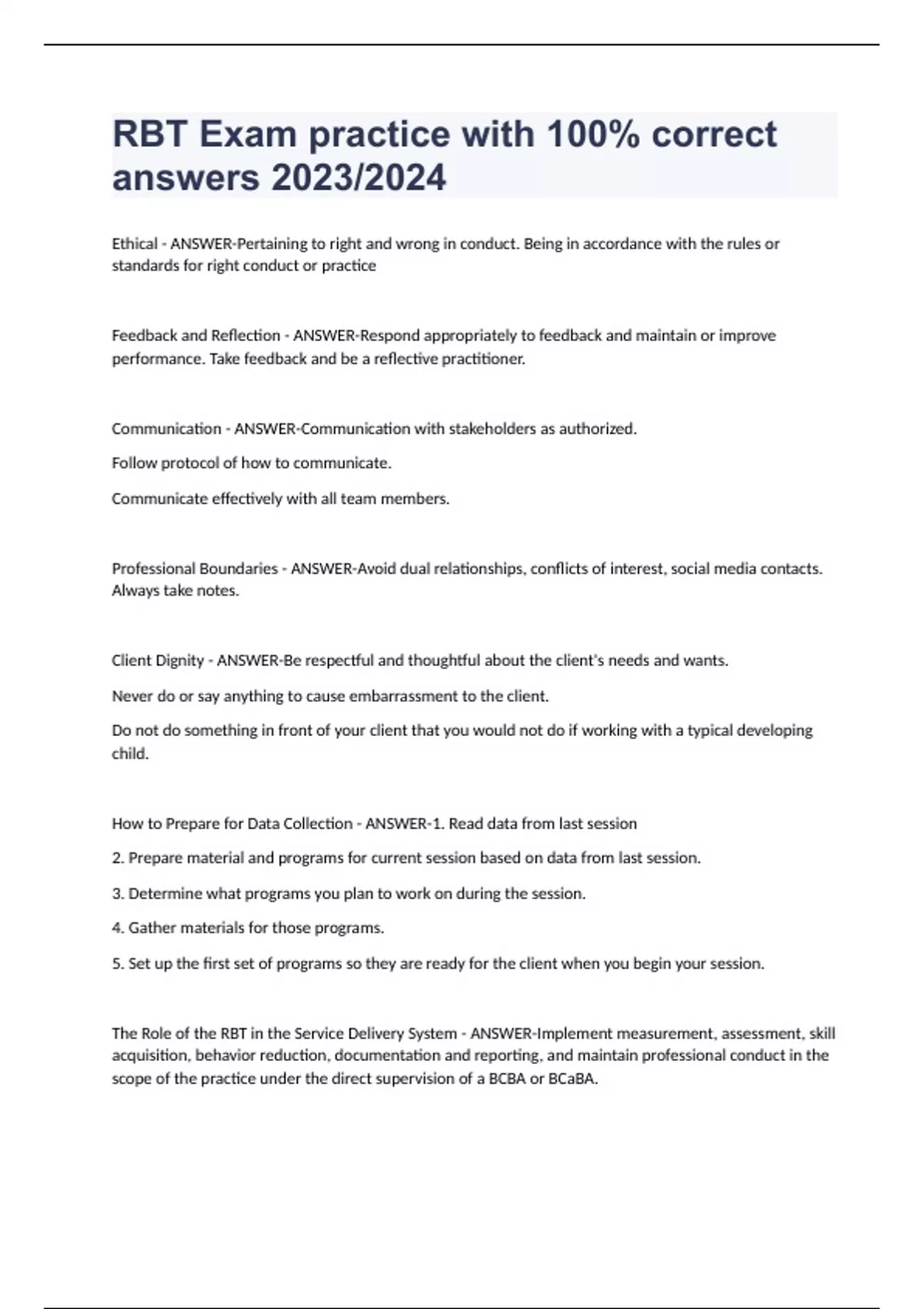 RBT Exam practice with 100% correct answers 2023/2024 - RBT - Stuvia US