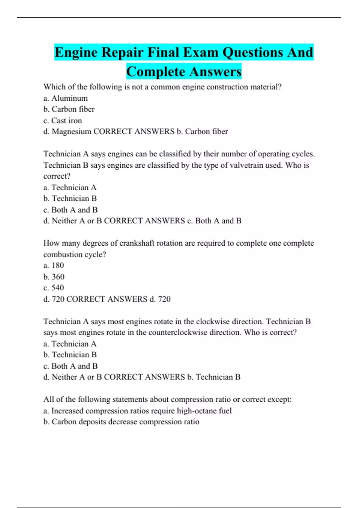 Engine Repair Exam Questions With Verified Answers Package Deal - Stuvia US