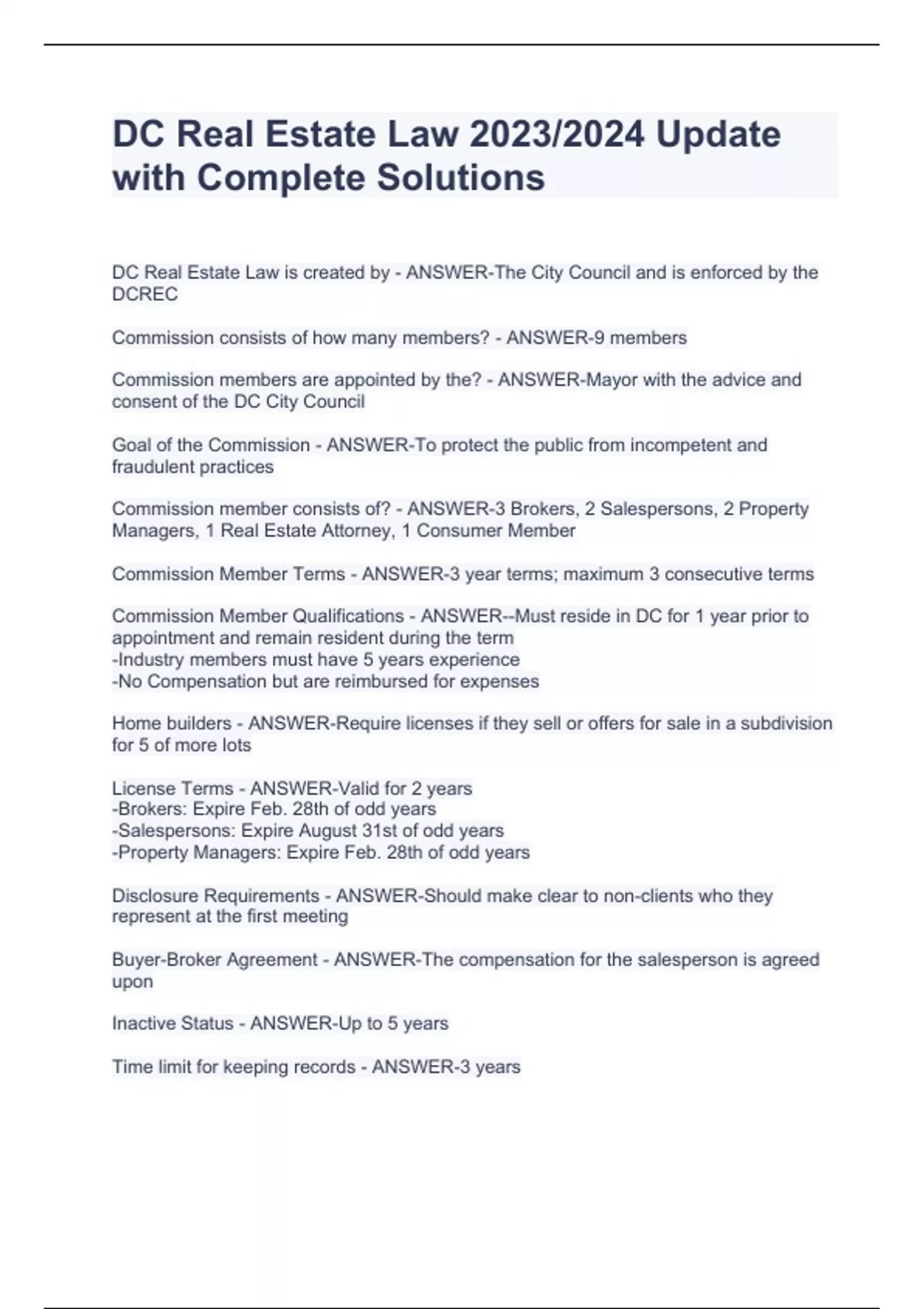 DC Real Estate Law 2023/2024 Update with Complete Solutions - DC Real ...