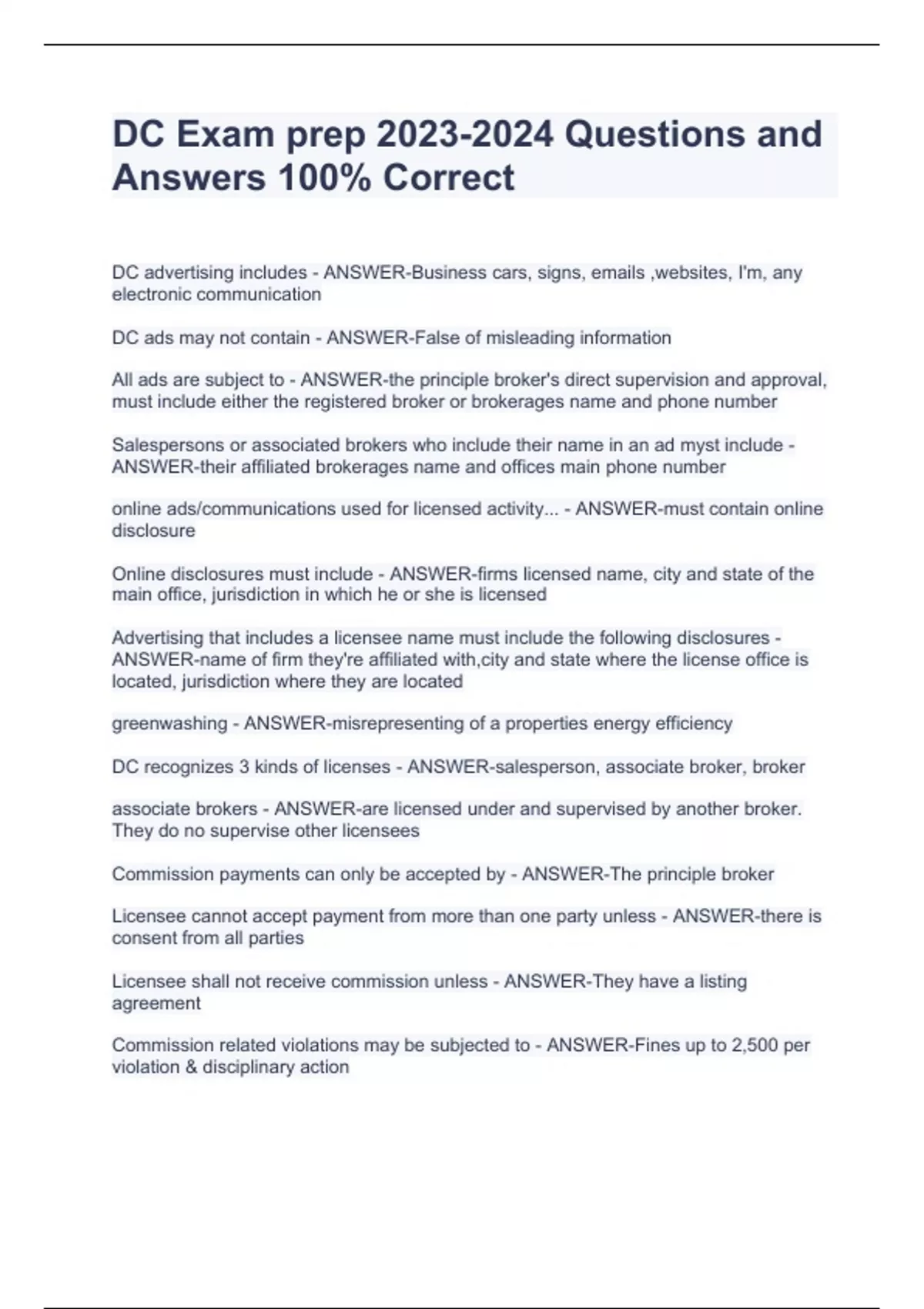 DC Exam prep Questions and Answers 100% Correct - DC real estate ...