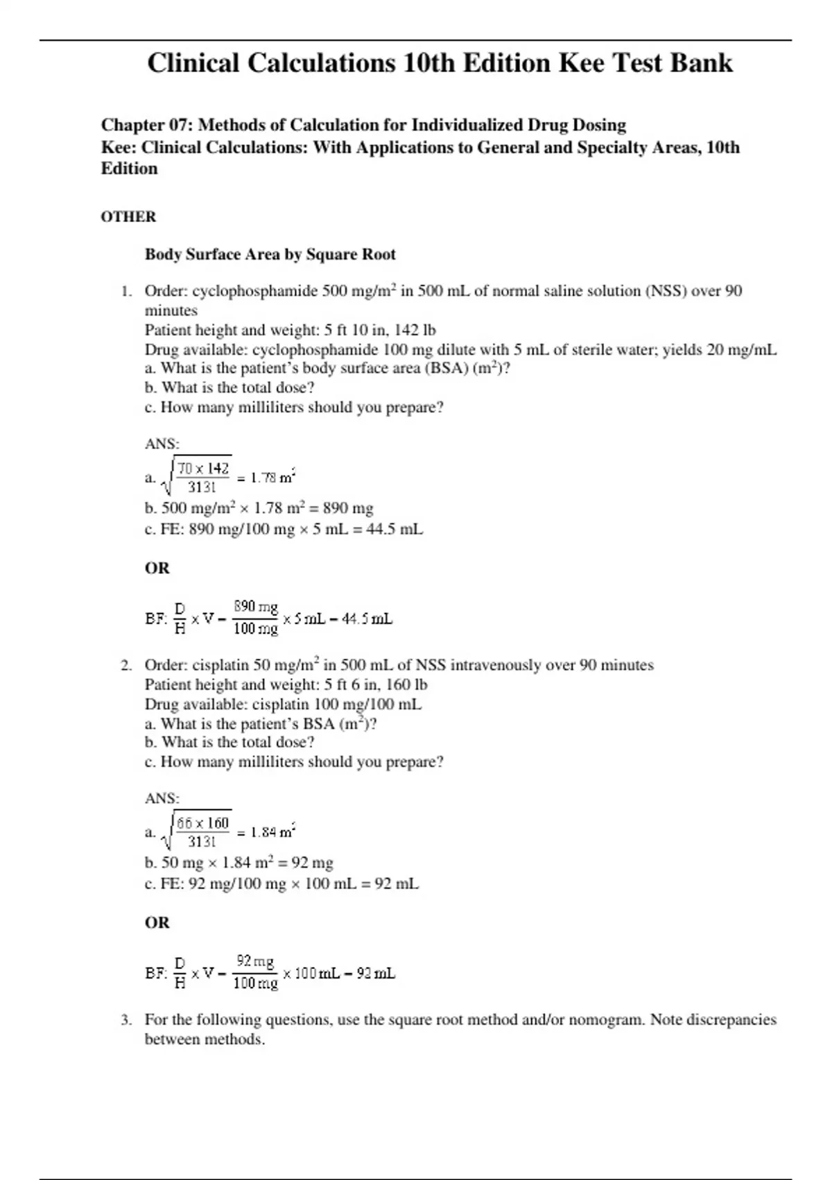 Test Bank for Clinical Calculations 10th Edition Kee / All Chapters 7 ...