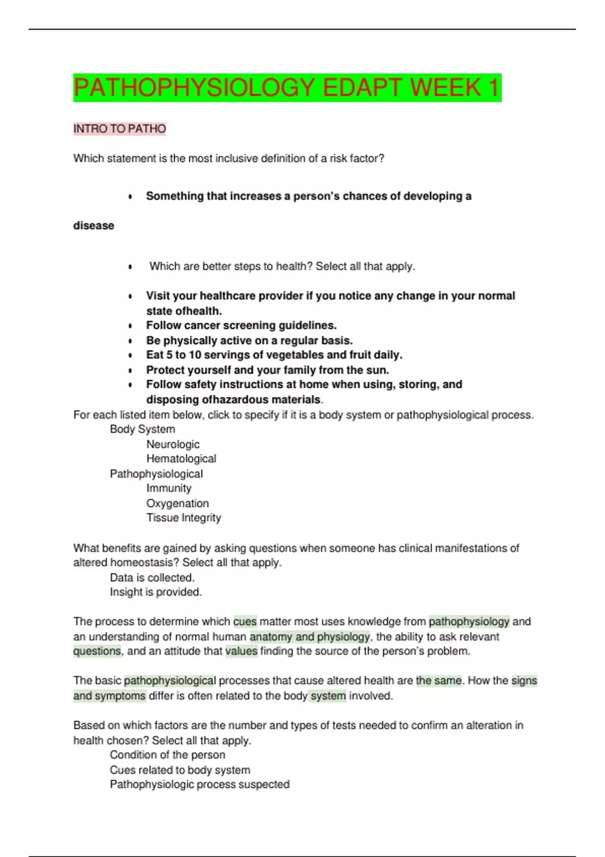 PATHOPHYSIOLOGY EDAPT WEEK 1 - PATHOPHYSIOLOGY EDAPT - Stuvia US
