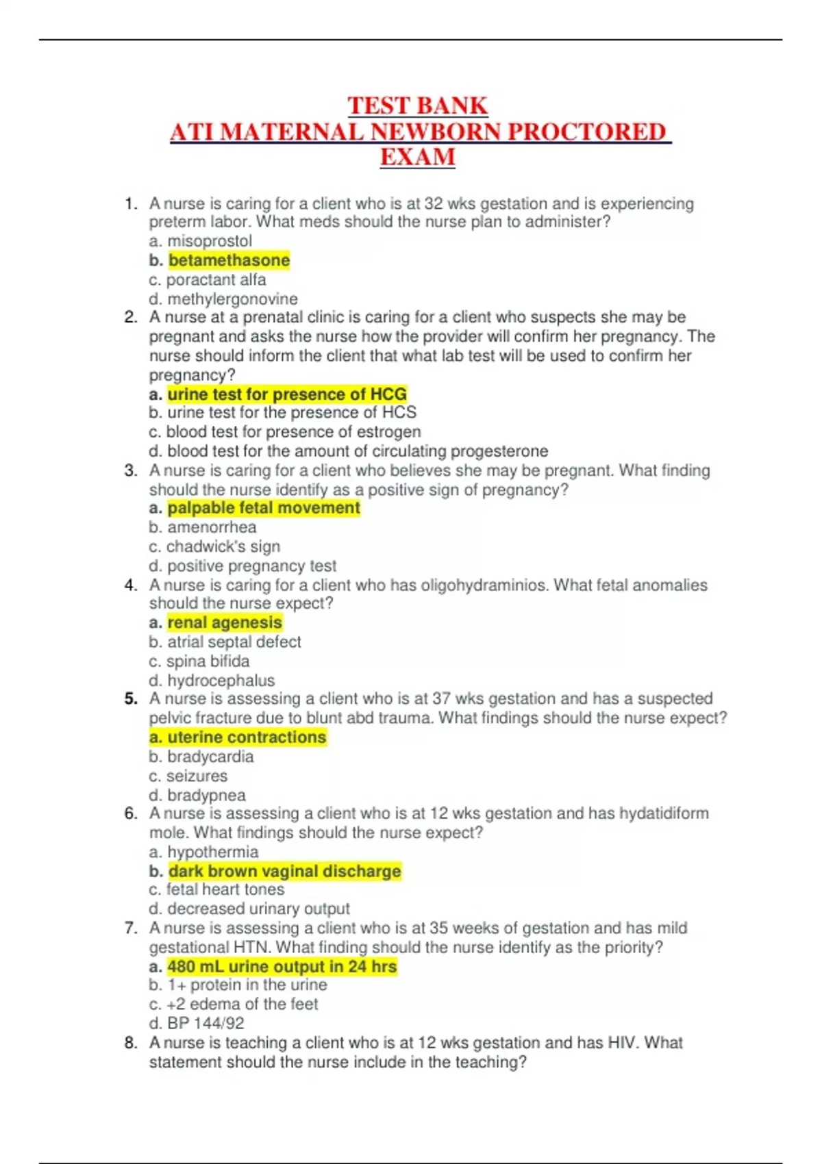 TEST BANK ATI MATERNAL NEWBORN PROCTORED EXAM - ATI MATERNAL NEWBORN ...