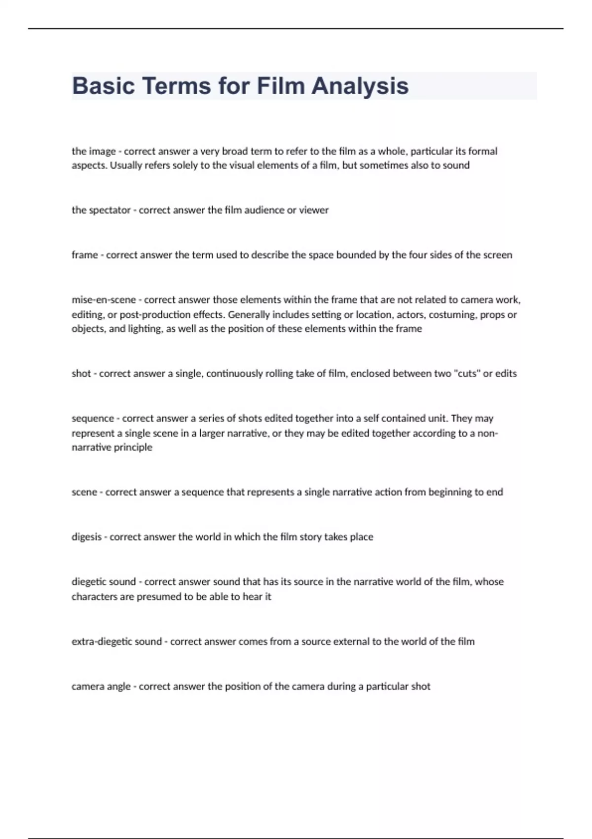 Basic Terms for Film Analysis questions with correct answers graded A+ ...