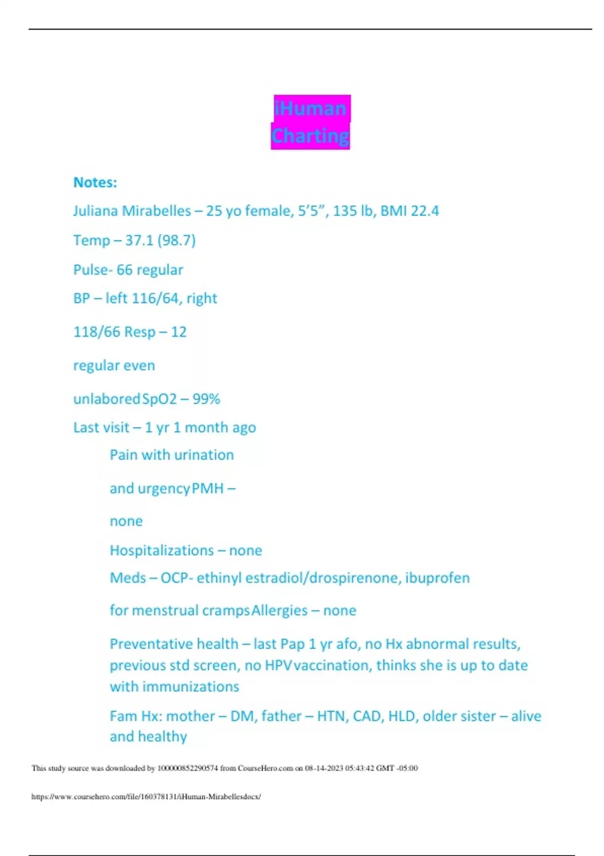 Juliana Mirabelles - 25 yo female, 5'5", 135 lb, BMI 22.4 - NUR 5153 - Stuvia US