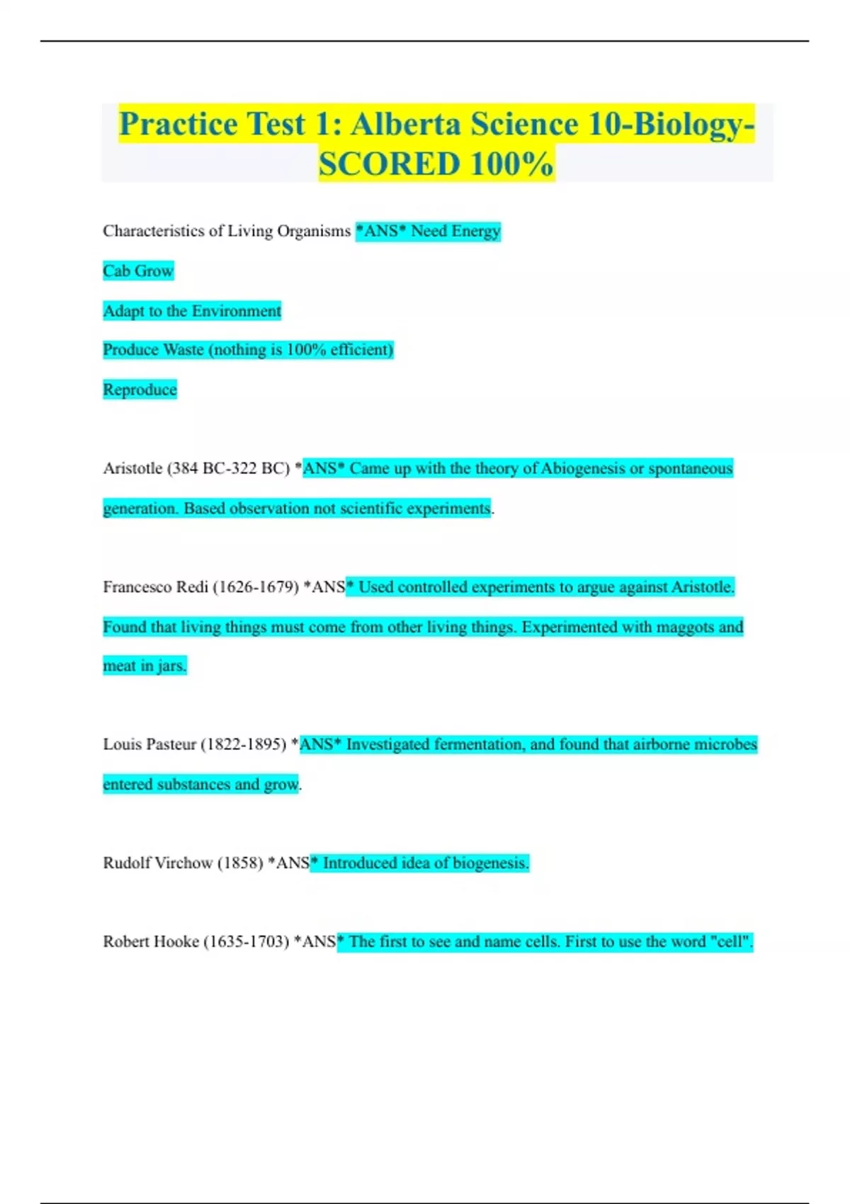 Practice Test 1: Alberta Science 10-Biology- SCORED 100% - Alberta ...