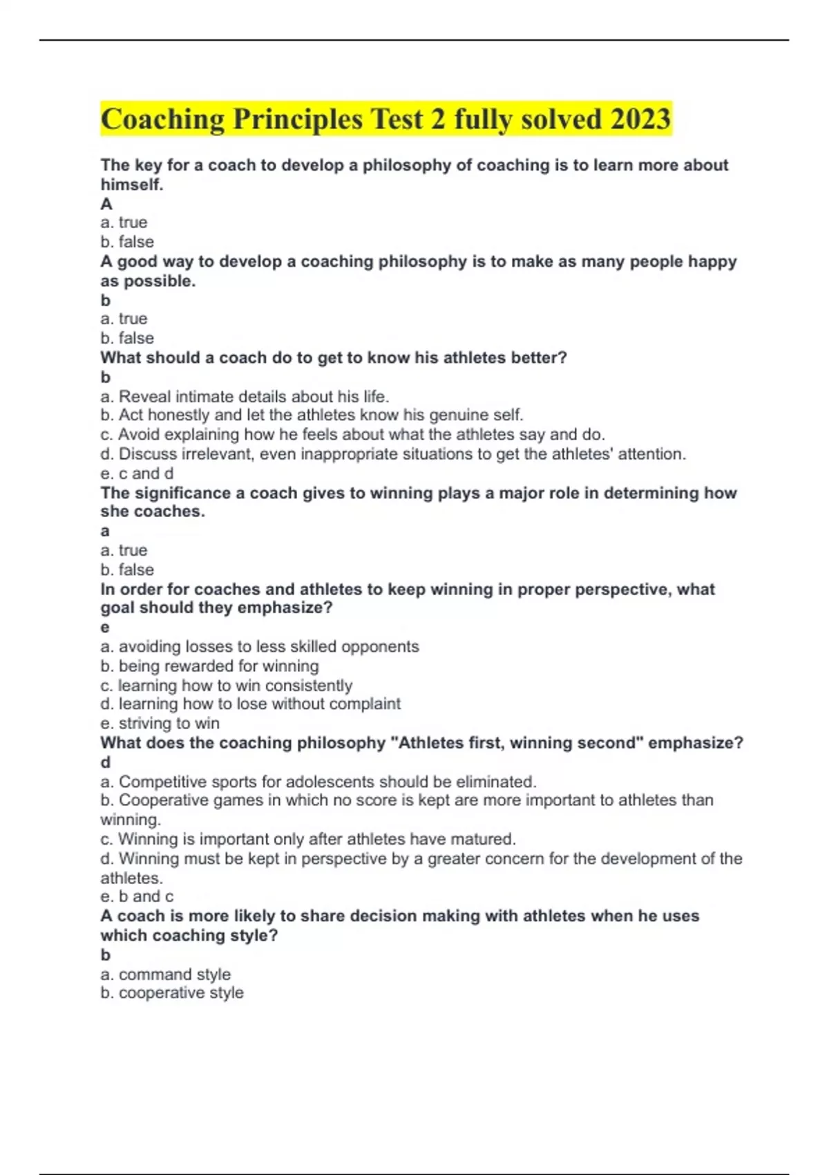 Coaching Principles Test 2 fully solved 2023 - Coaching Principles ...