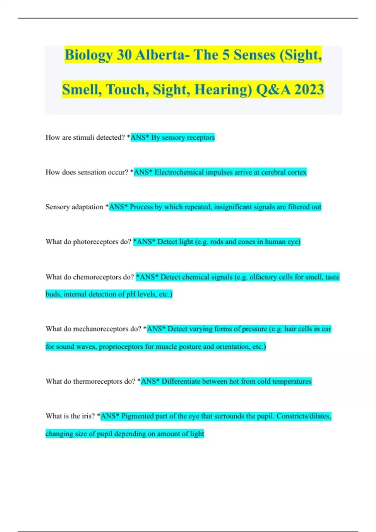 Biology 30 Alberta- The 5 Senses (Sight, Smell, Touch, Sight, Hearing ...
