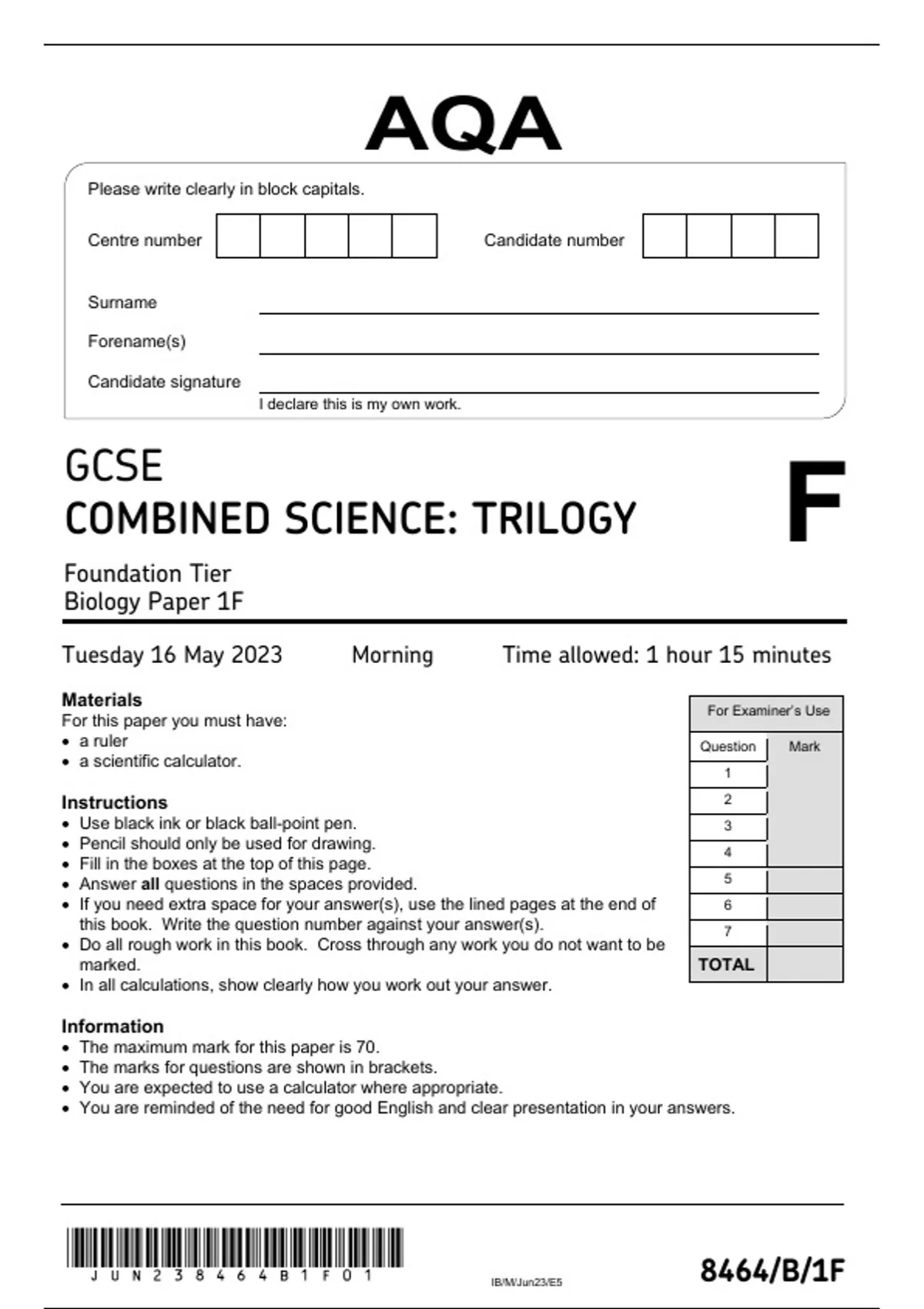 AQA 8464-B-1F-GCSE COMBINED SCIENCE TRILOGY-G-QUESTION PAPER 1F May23 ...