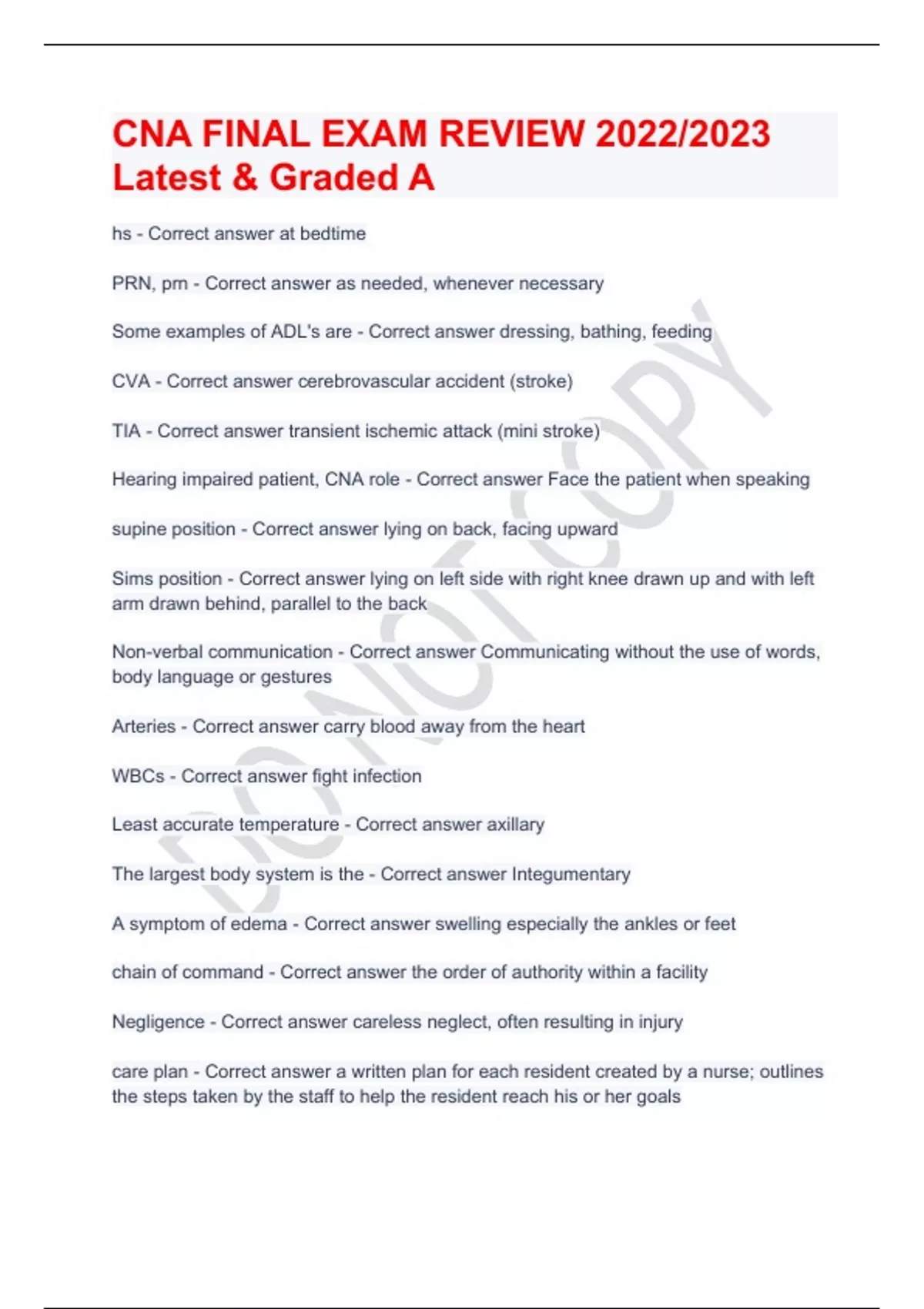 CNA FINAL EXAM REVIEW 2022/2023 Latest & Graded A - Cna - Stuvia US