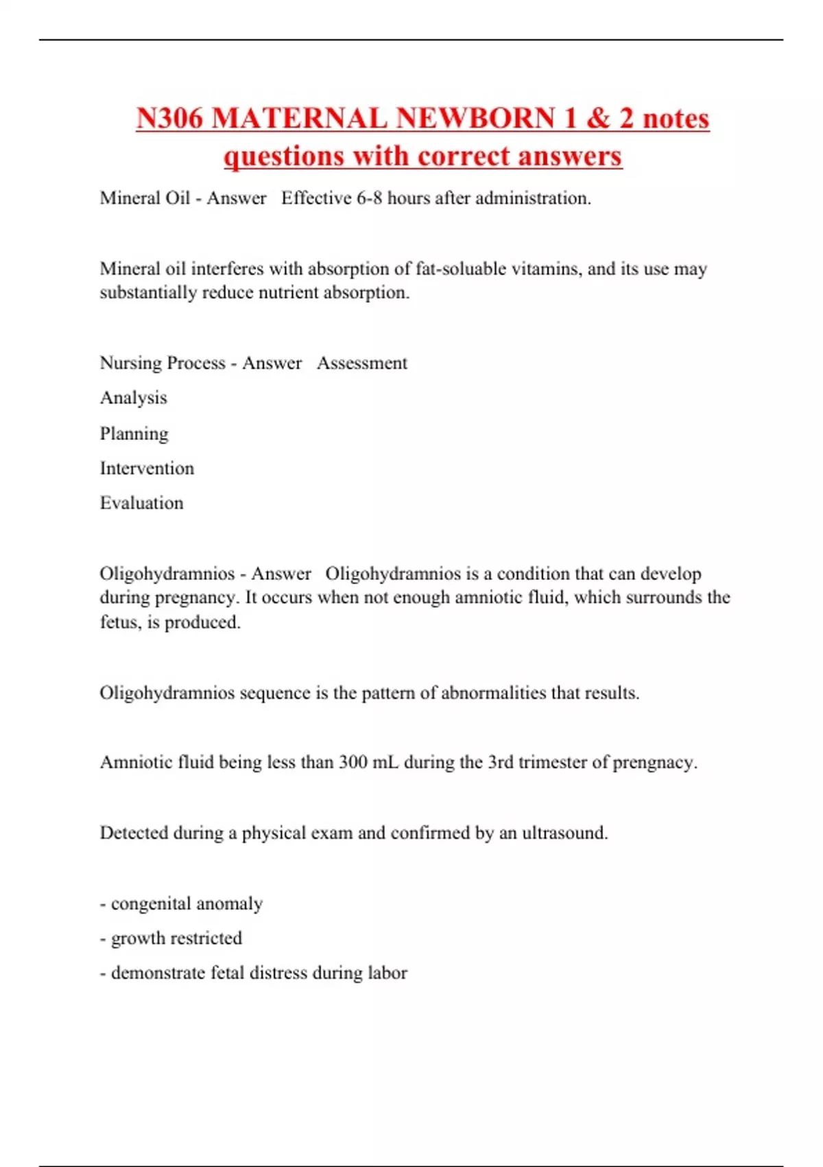 N306 MATERNAL NEWBORN 1 & 2 notes questions with correct answers - N306 ...