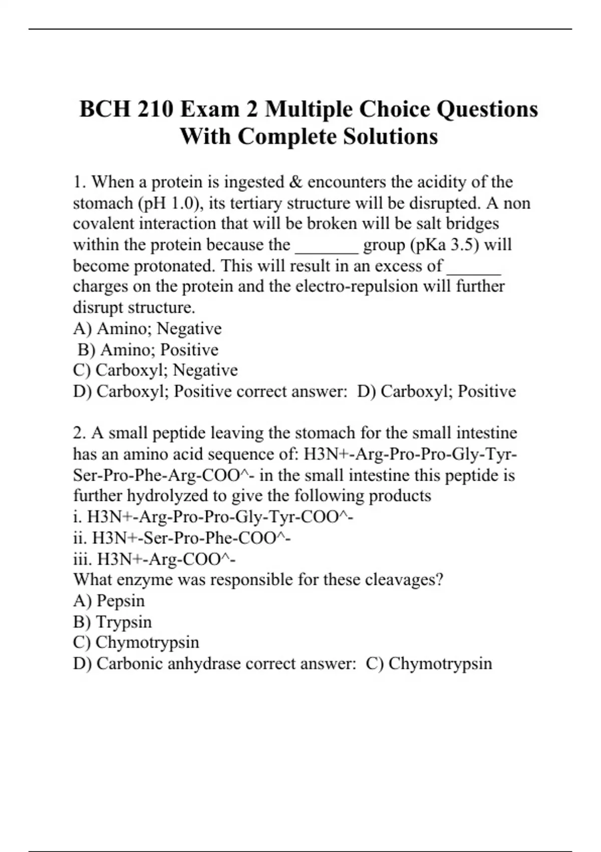 BCH 210 Exam 2 Multiple Choice Questions With Complete Solutions - CHEM 210 - Stuvia US