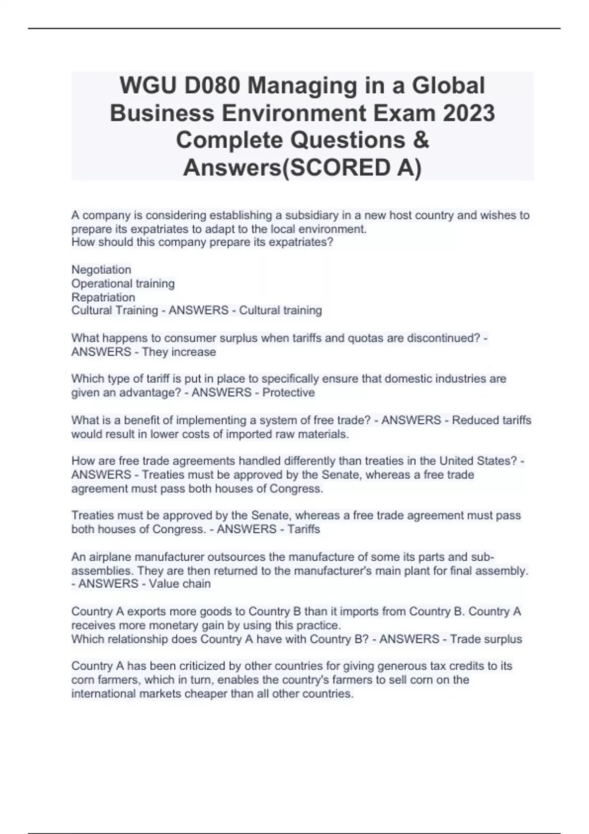 WGU D080 Managing in a Global Business Environment Exam 2023 Complete Questions & Answers(SCORED ...