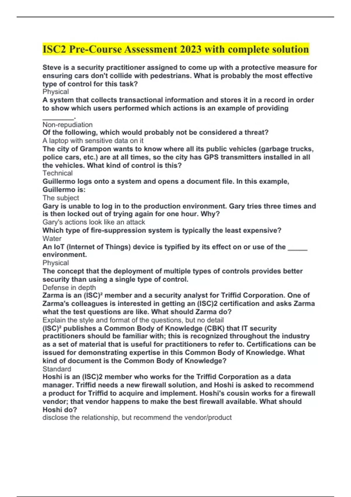 ISC2 Pre-Course Assessment 2023 with complete solution - ISC2 - Stuvia US