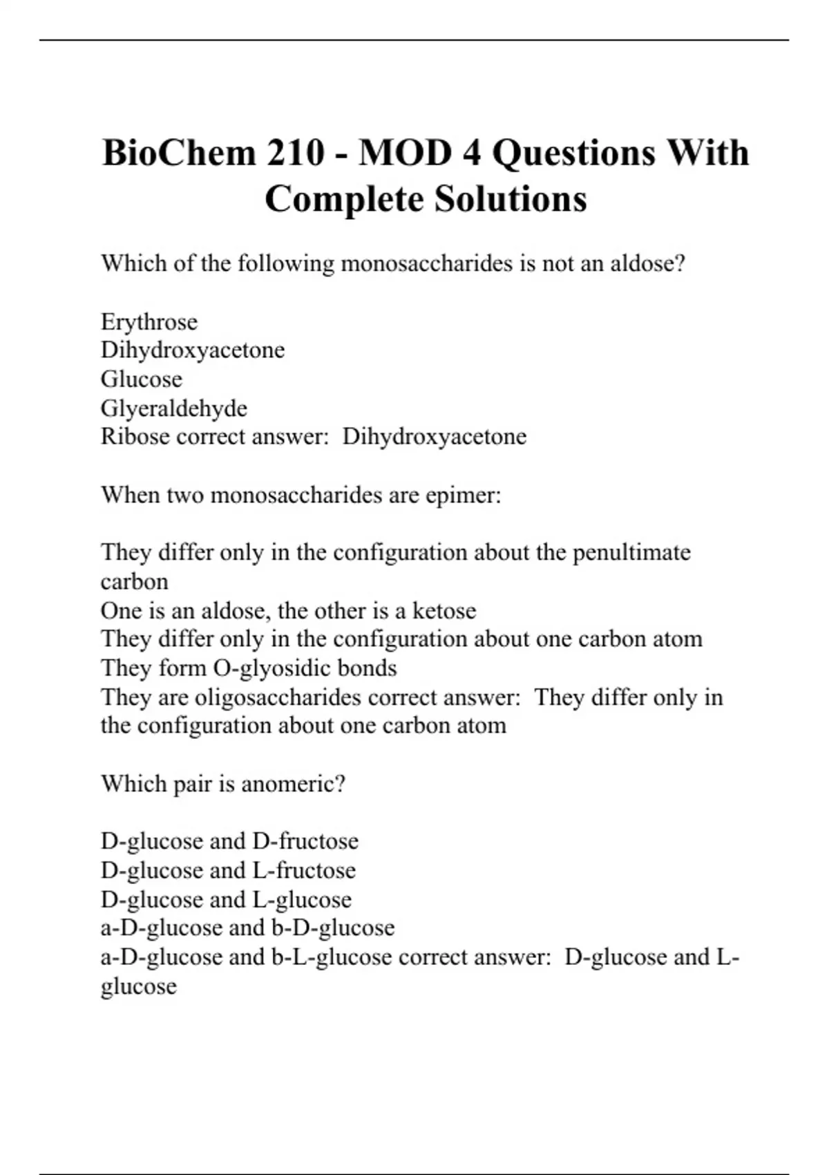 BioChem 210 - MOD 4 Questions With Complete Solutions - CHEM 210 - Stuvia US