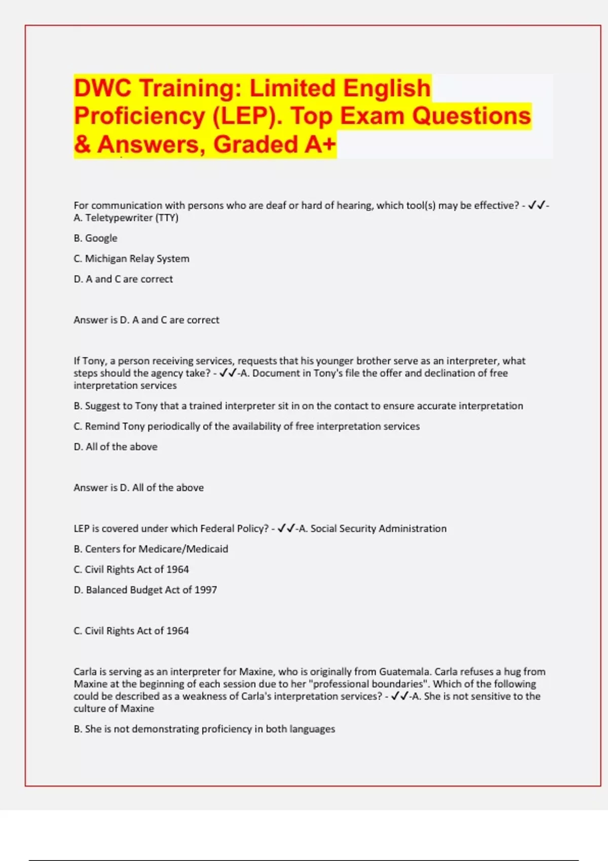 DWC Training: Limited English Proficiency (LEP). Top Exam Questions ...