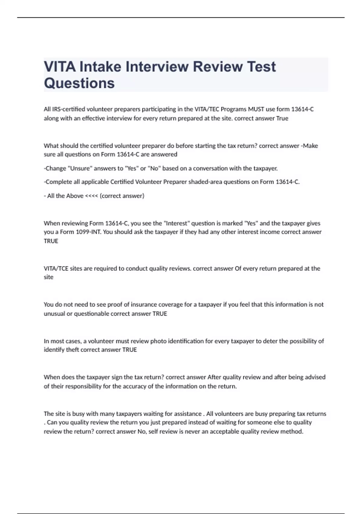 VITA Intake Interview Review Test Questions and complete correct ...