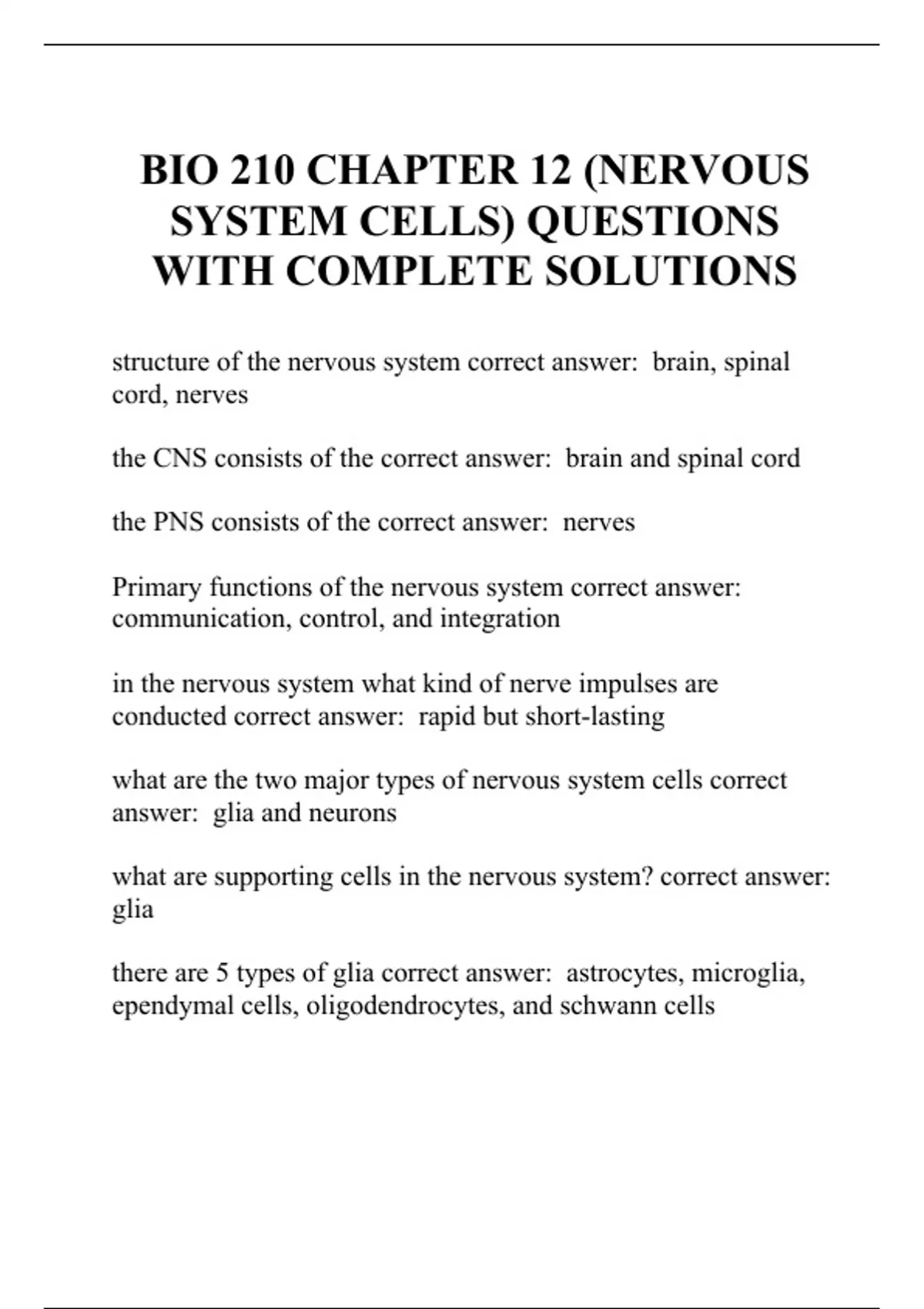 BIO 210 CHAPTER 12 (NERVOUS SYSTEM CELLS) QUESTIONS WITH COMPLETE ...