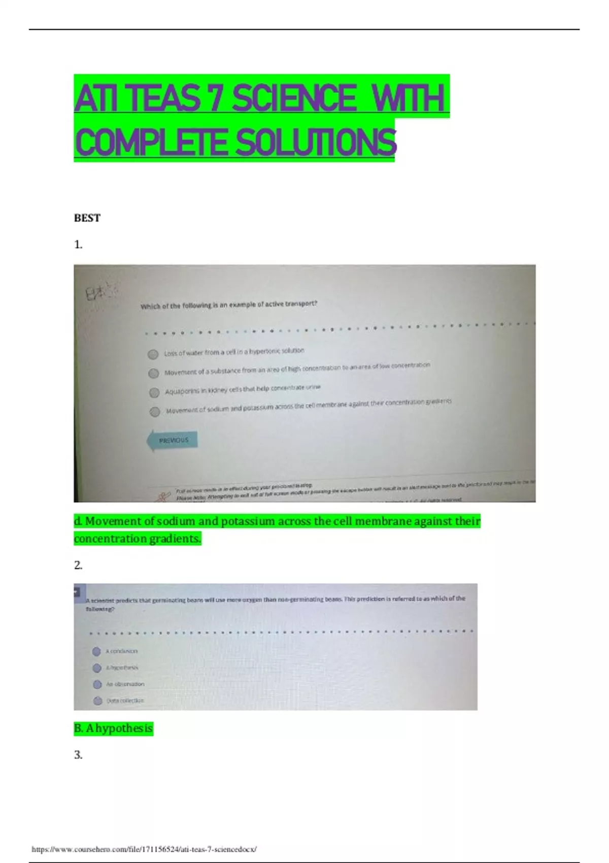 ATI TEAS 7 SCIENCE WITH COMPLETE SOLUTIONS - ATI TEAS 7 SCIENCE - Stuvia US