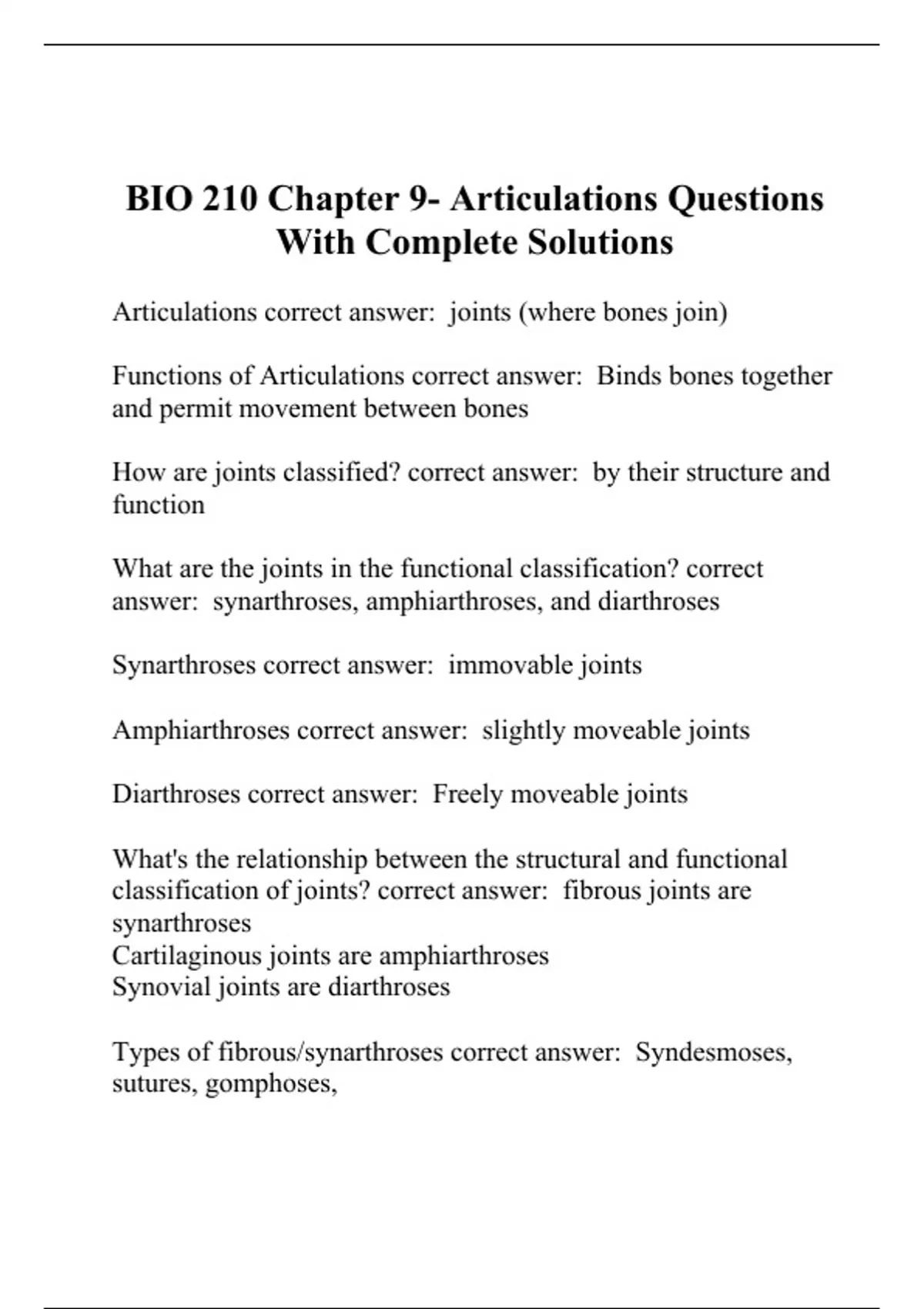 BIO 210 Chapter 9- Articulations Questions With Complete Solutions - BIO 210 - Stuvia US