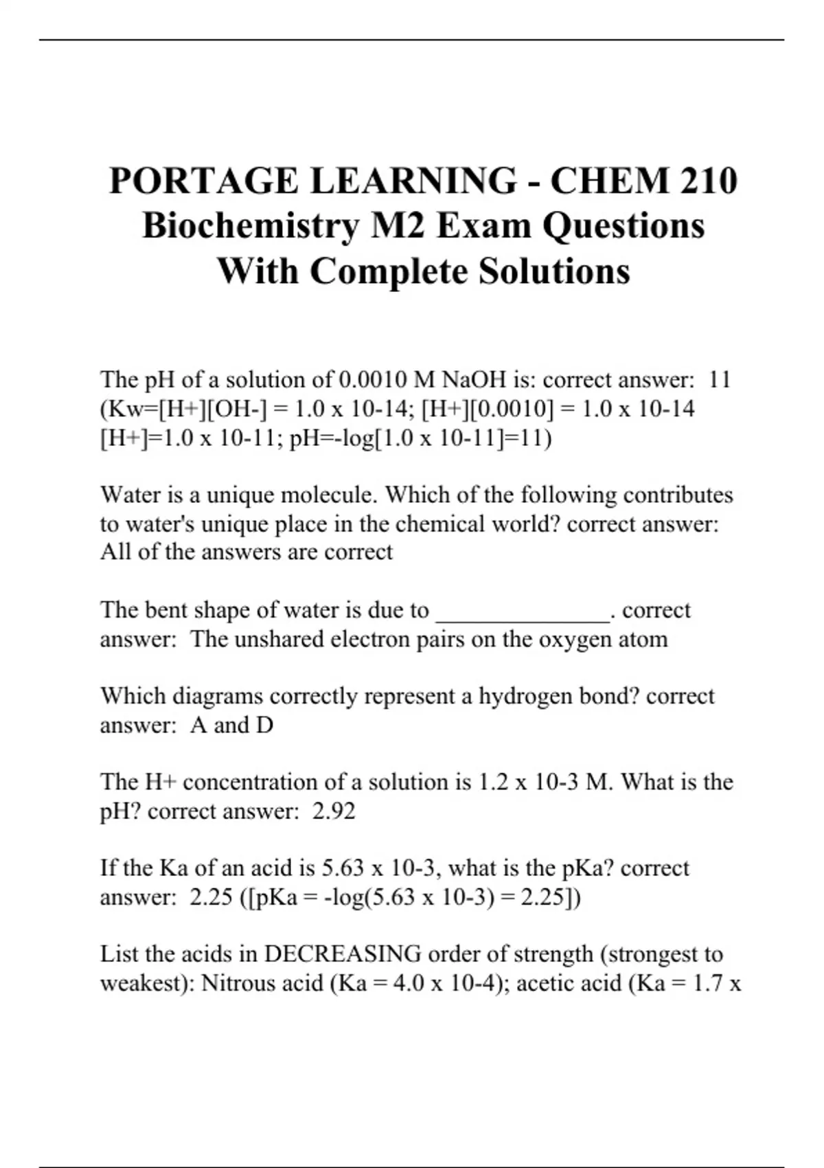 PORTAGE LEARNING - CHEM 210 Biochemistry M2 Exam Questions With ...