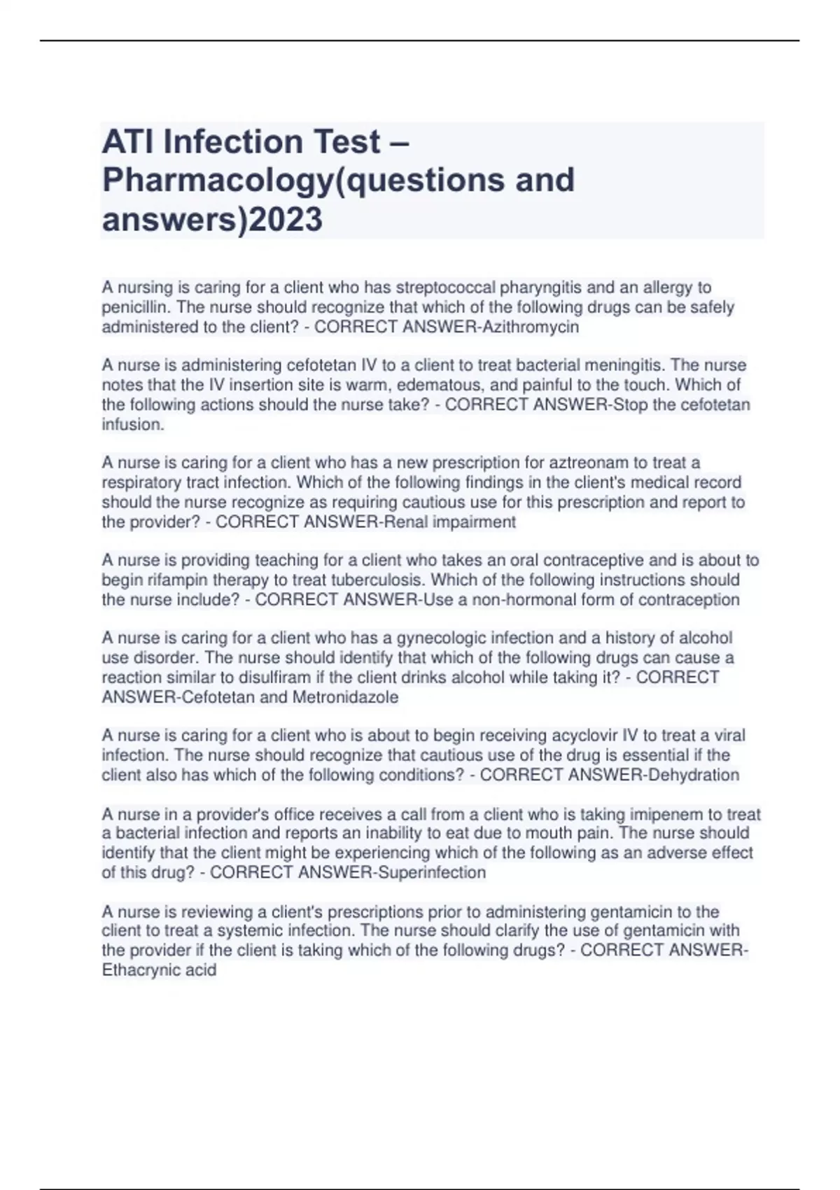 ATI Infection Test – Pharmacology(questions and answers)2023 - ATI ...