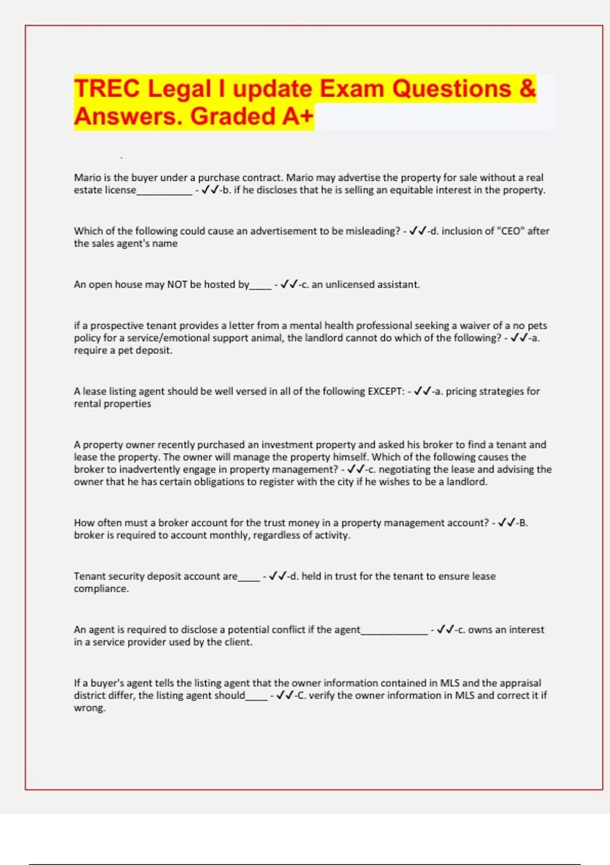 TREC Legal I update Exam Questions & Answers. Graded A+ - TREC - Stuvia US