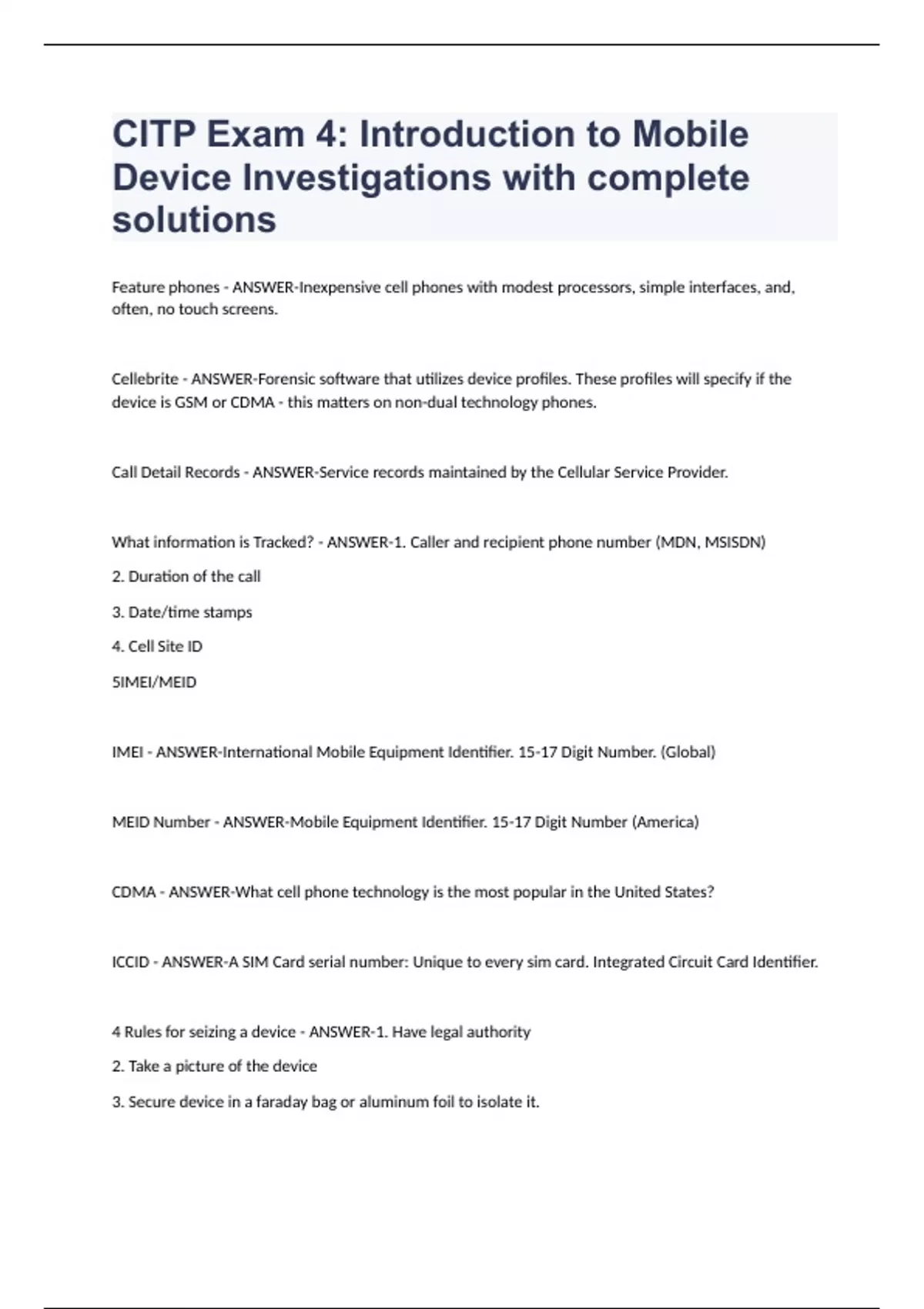 CITP Exam 4: Introduction to Mobile Device Investigations with complete ...