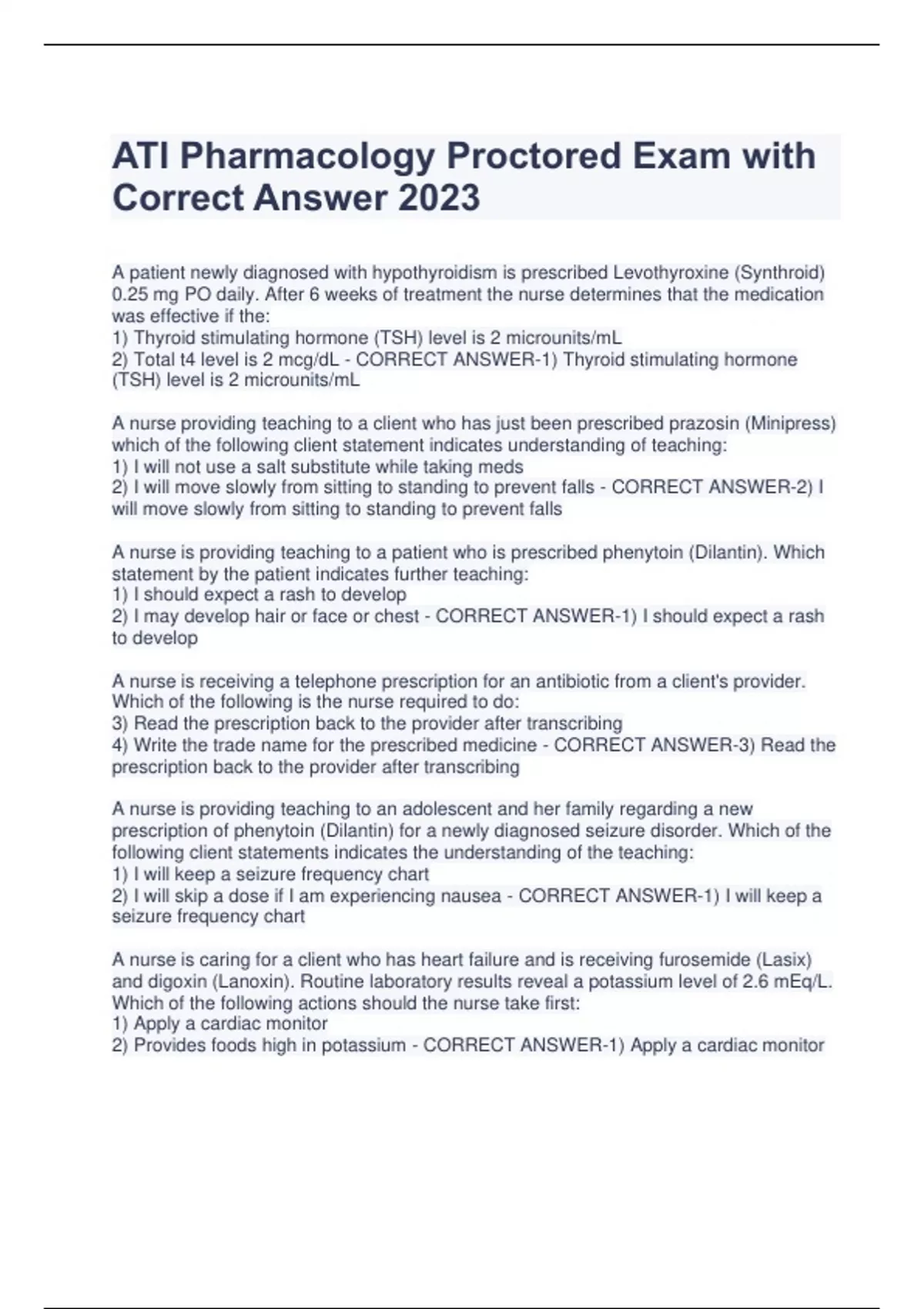 ATI Pharmacology Proctored Exam with Correct Answer 2023 - ATI ...