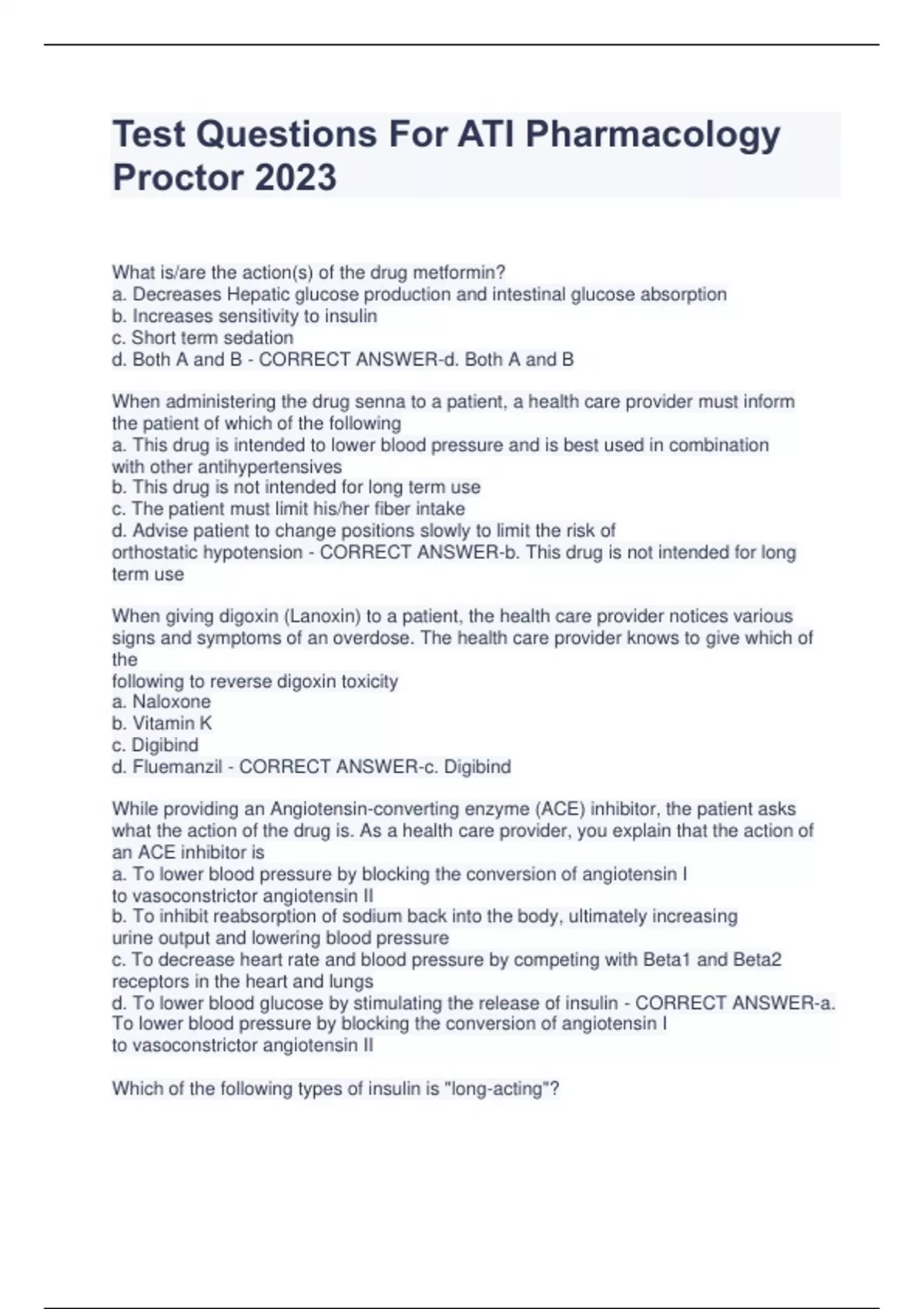 Test Questions For ATI Pharmacology Proctor 2023 - ATI Pharmacology ...
