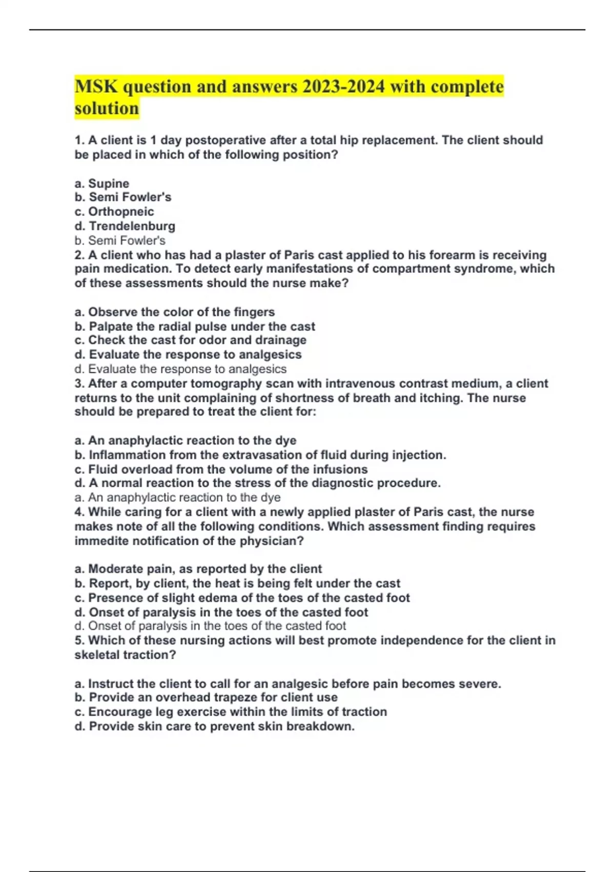 MSK question and answers with complete solution - MSK - Stuvia US