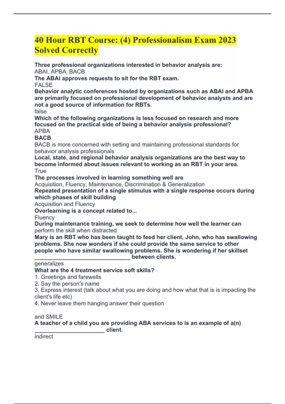 40 Hour RBT Course: (4) Professionalism Exam 2023 Solved Correctly - 40 ...