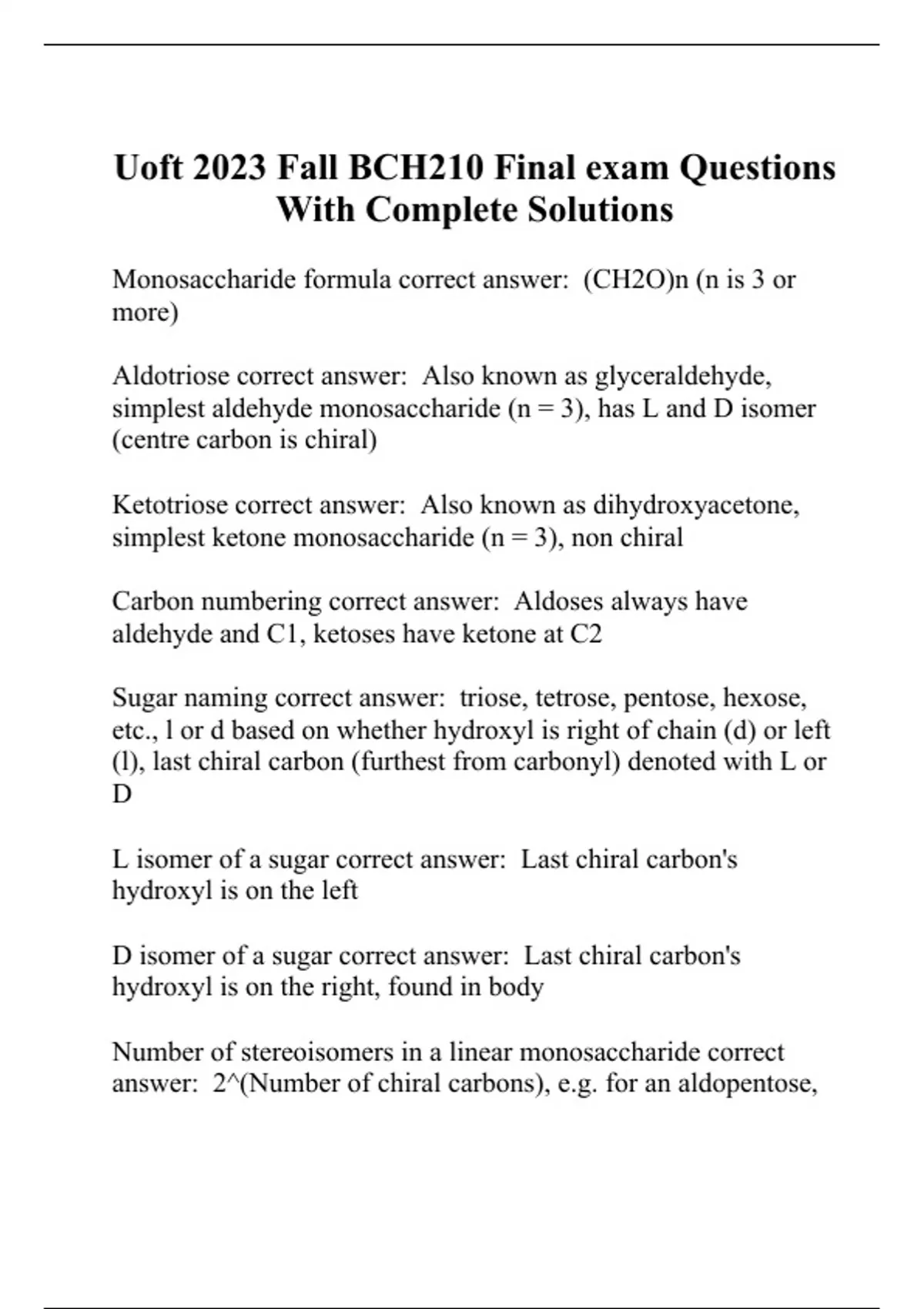 Uoft 2023 Fall BCH210 Final exam Questions With Complete Solutions ...