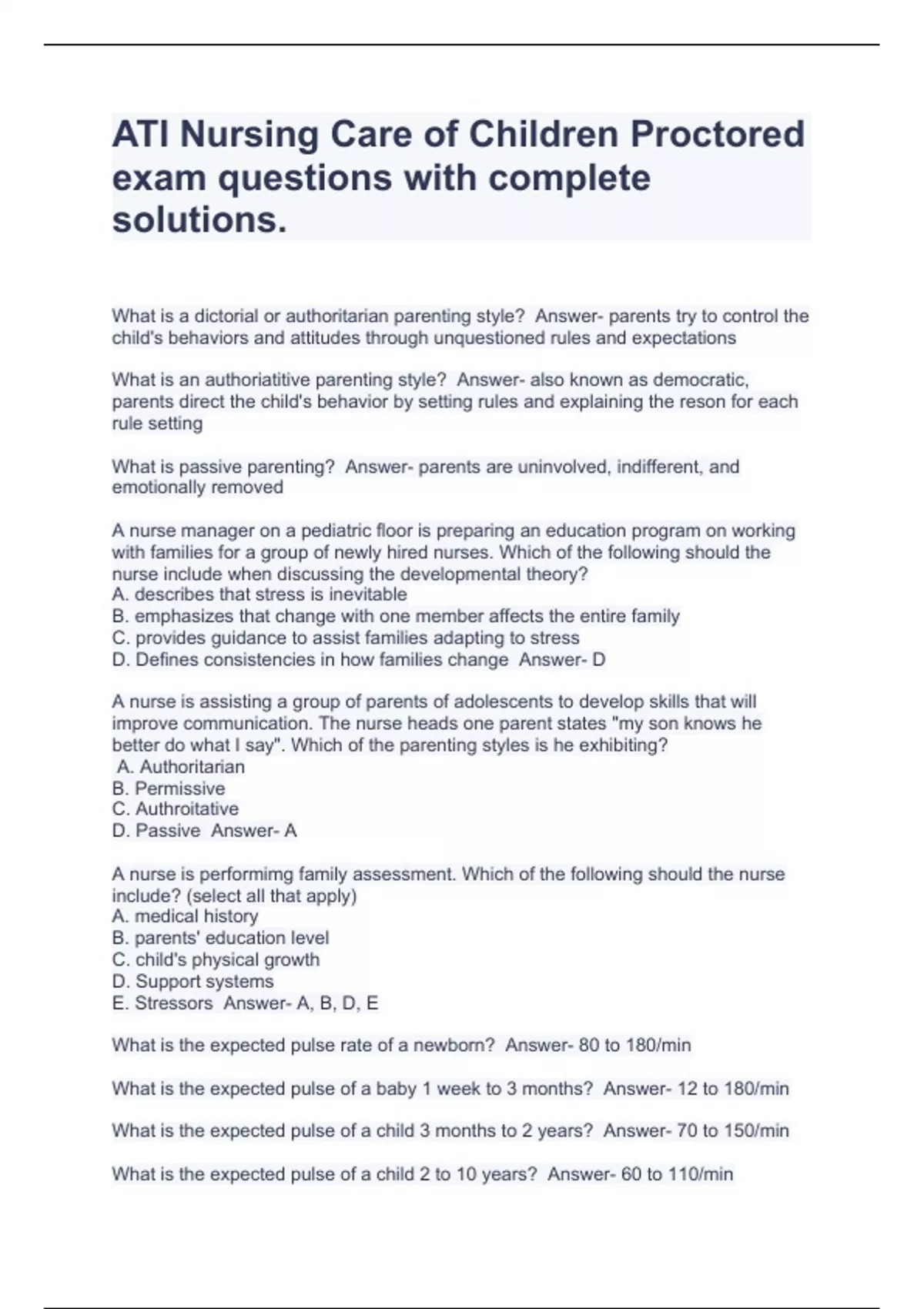 ATI Nursing Care of Children Proctored exam questions with complete ...