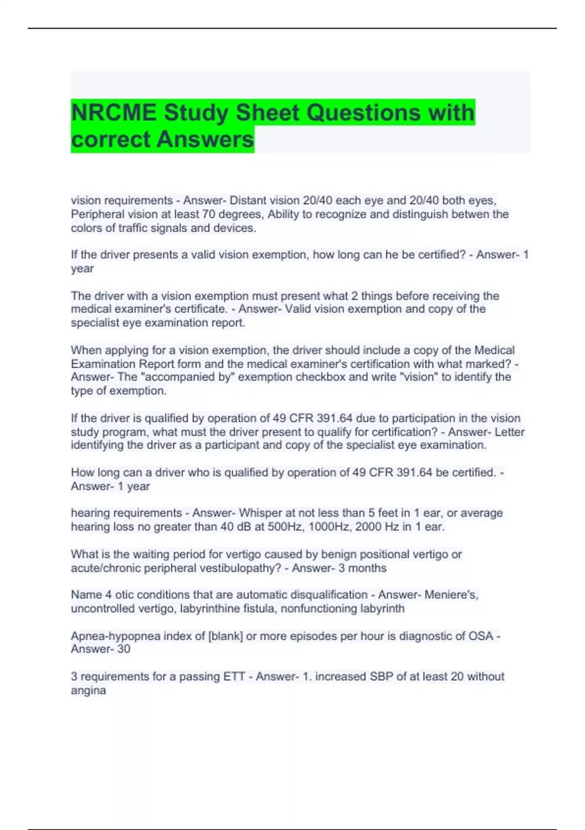 NRCME Study Sheet Questions with correct Answers - NRCME - Stuvia US