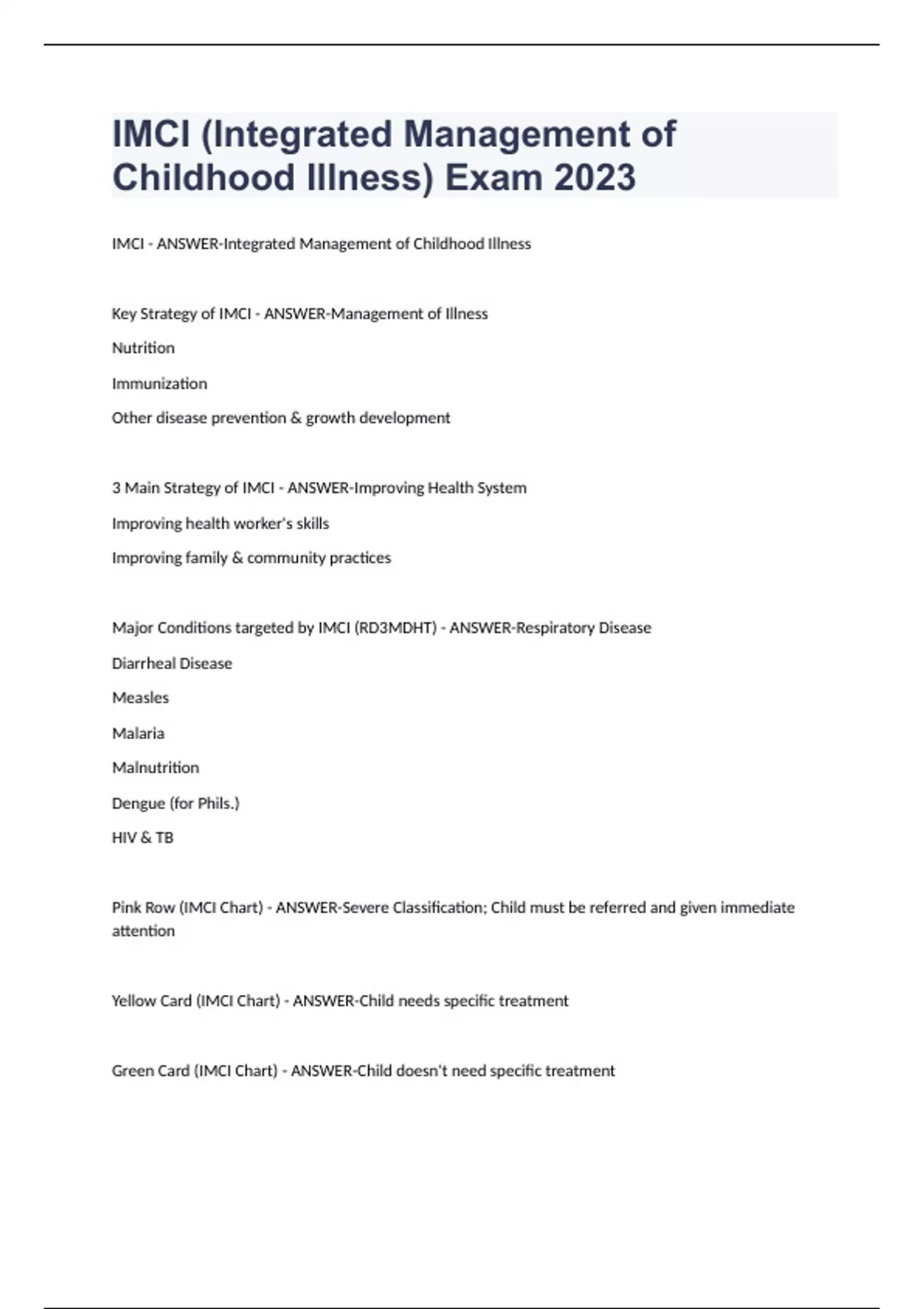 IMCI (Integrated Management of Childhood Illness) Exam 2023 - IMCI ...