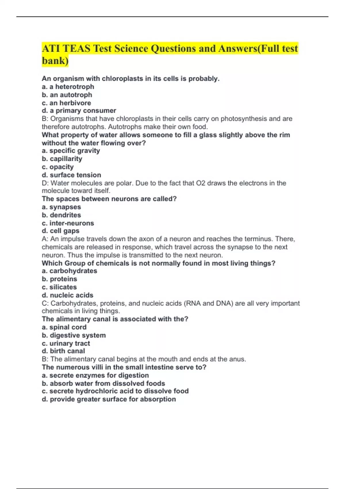 ATI TEAS Test Science Questions and Answers(Full test bank) - ATI Teas ...