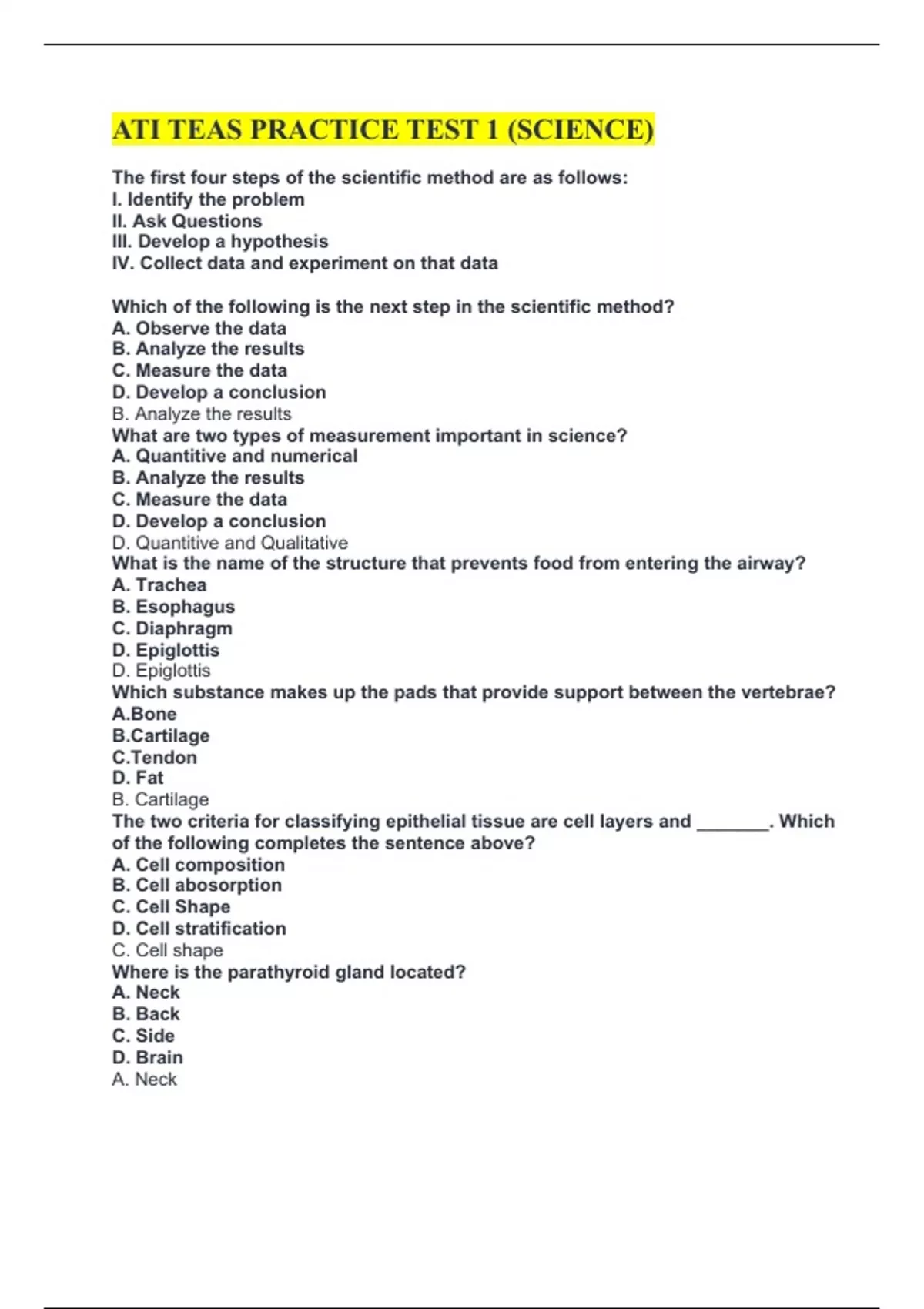ATI TEAS PRACTICE TEST 1 (SCIENCE) With Complete Solution - ATI Teas ...