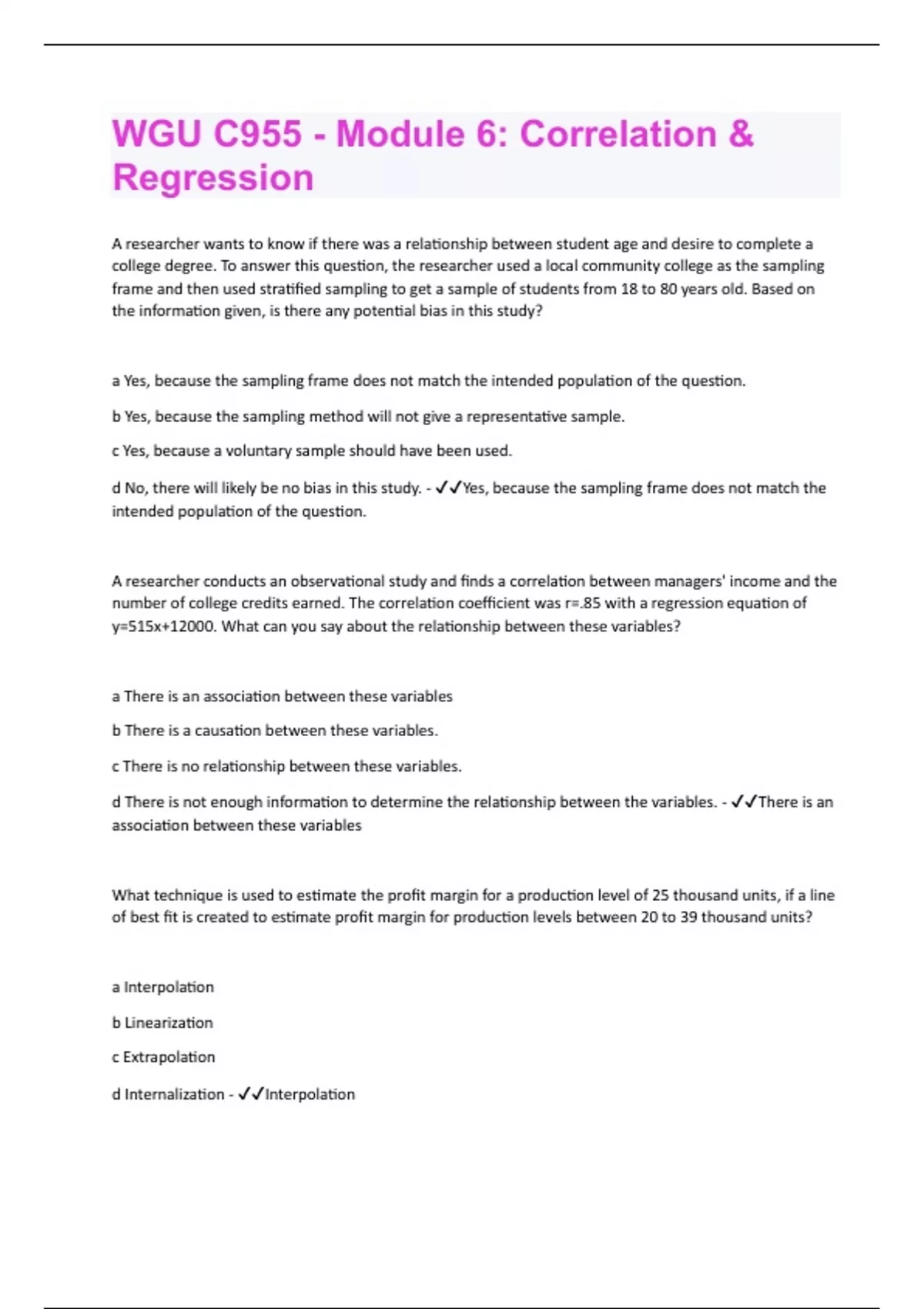 WGU C955 - Module 6: Correlation & Regression | 60 Questions and Answers(A+ Solution guide ...