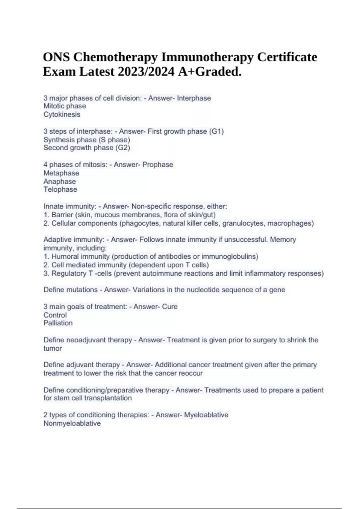 ONS Chemotherapy Immunotherapy Certificate Exam Latest 2023/2024 A+ ...