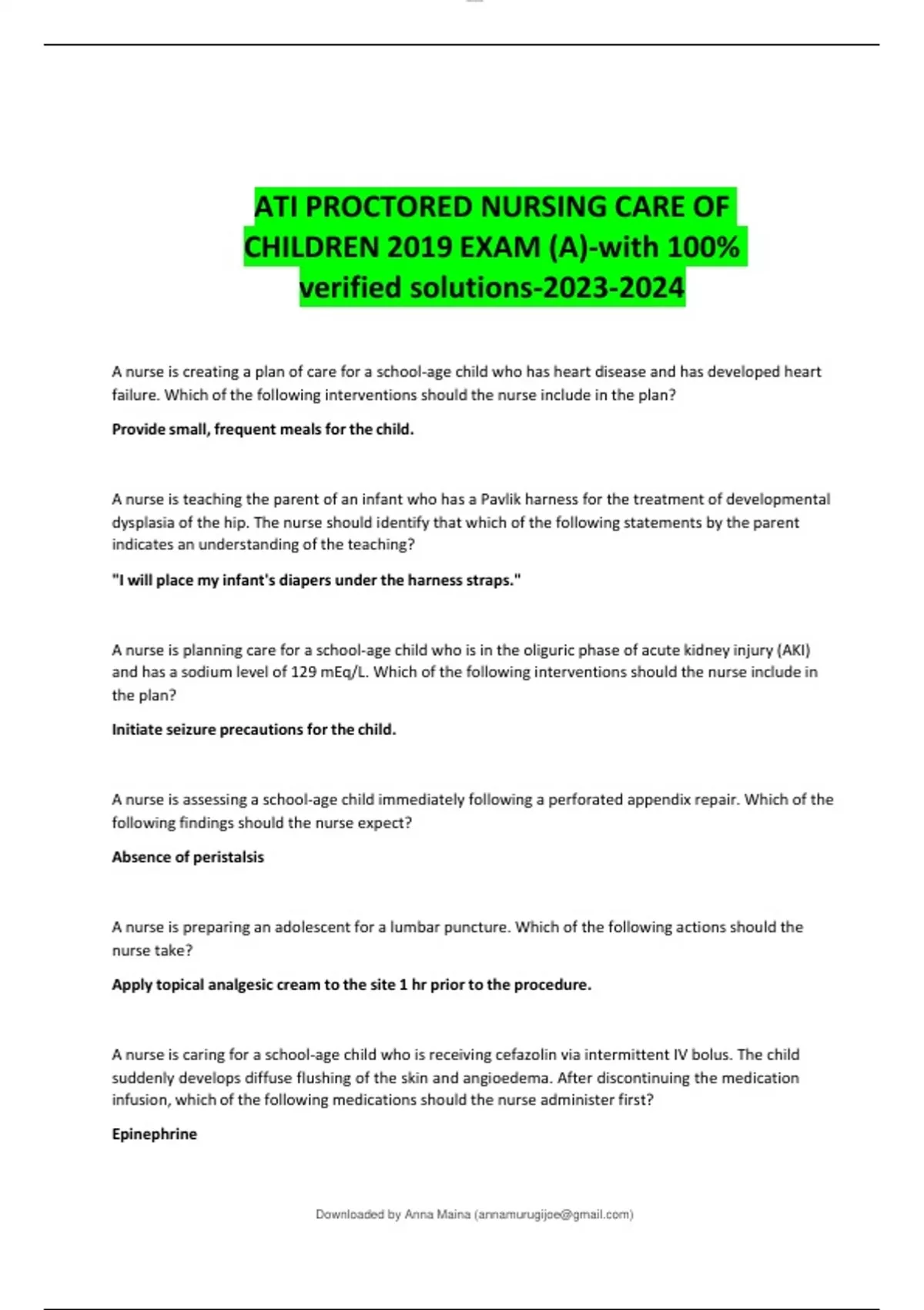 ATI PROCTORED NURSING CARE OF CHILDREN 2019 EXAM (A)-with 100% verified ...