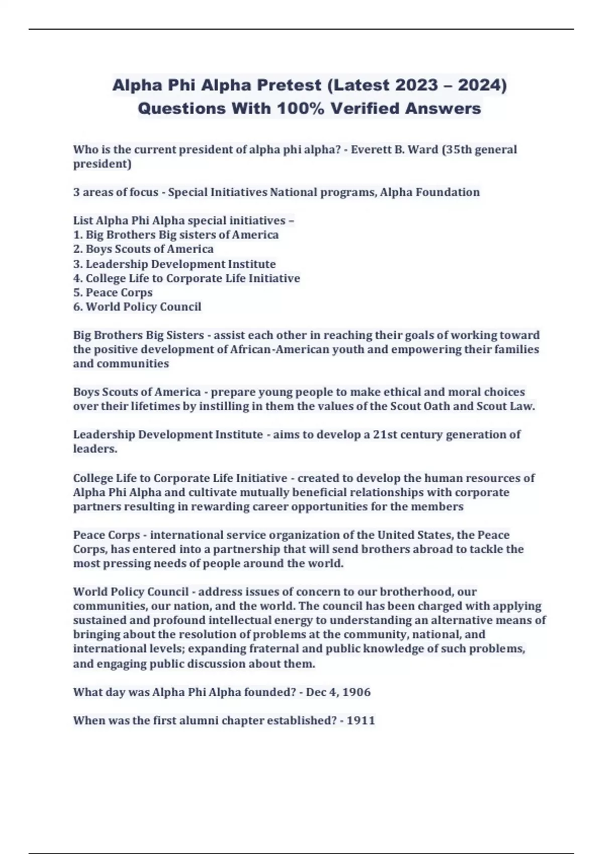 Alpha Phi Alpha Pretest (Latest 2023 – 2024) Questions With 100% ...