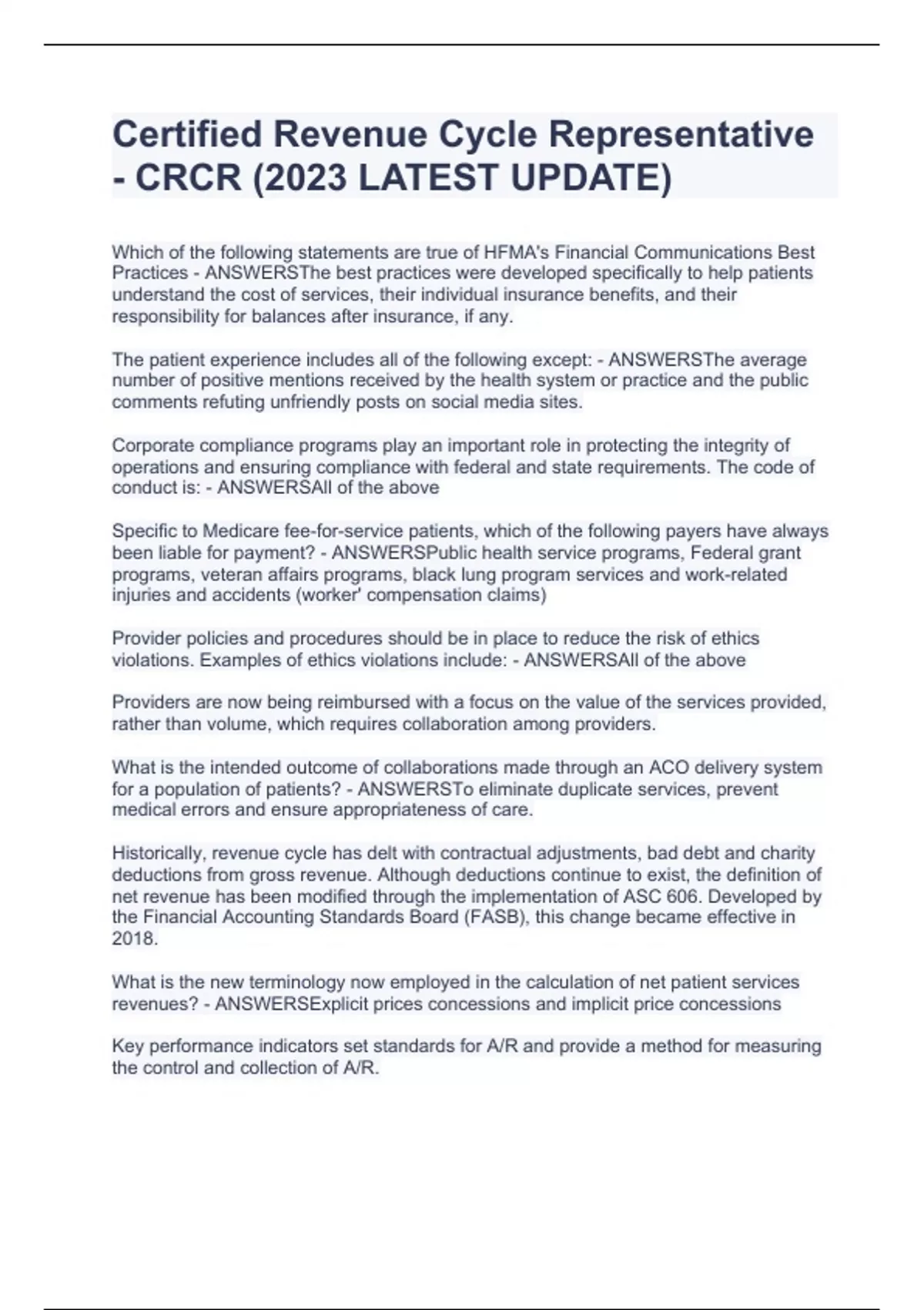 Certified Revenue Cycle Representative - CRCR (2023 LATEST UPDATE ...