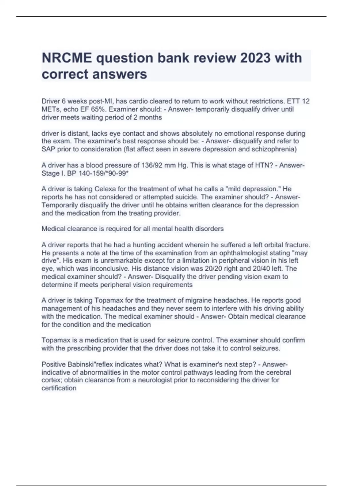 NRCME question bank review 2023 with correct answers - NRCME - Stuvia US